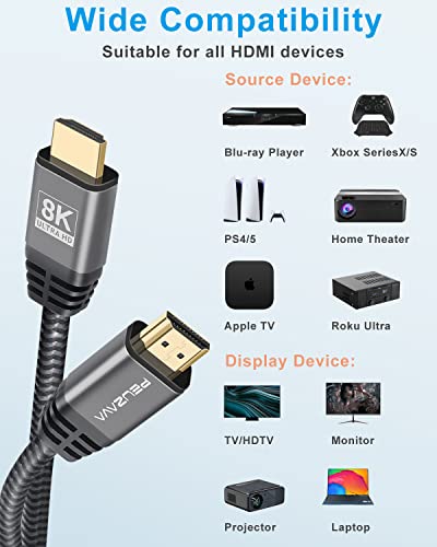 PEUZAVA 8K HDMI Cable 10ft, 48Gbps Ultra High Speed HDMI 2.1 Cord, 8K@60HZ 4K@120Hz eARC HDR10 HDCP 2.2&2.3 Dolby Compatible with PS5 PS4 Xbox Series X Switch Apple Samsung Sony LG Roku TV Blu-ray