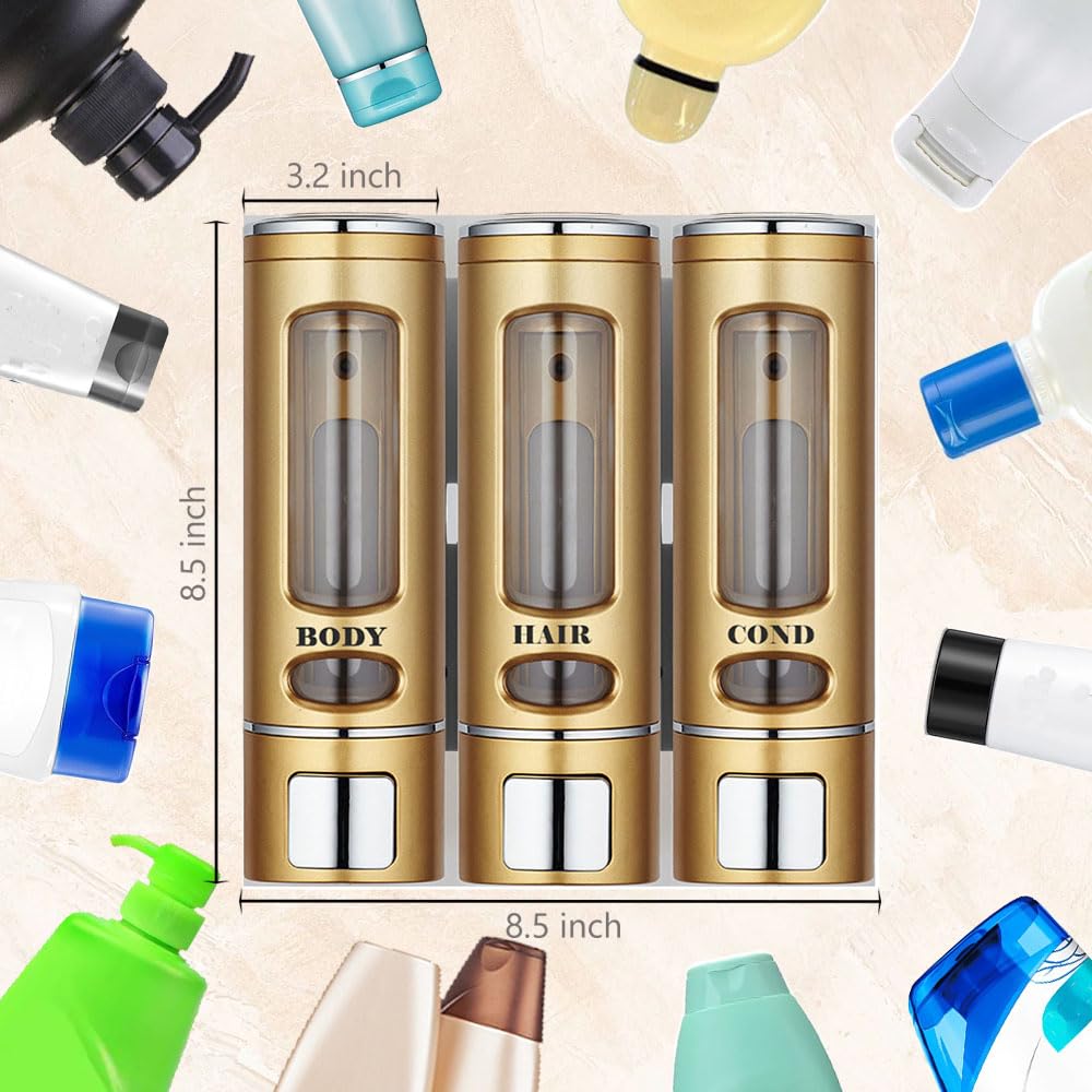 3-in-1 Shower soap Dispenser, Shampoo and Conditioner Dispenser Modern Bathroom Shower Bottles Set for Shampoo Conditioner Body Wash (Gold)