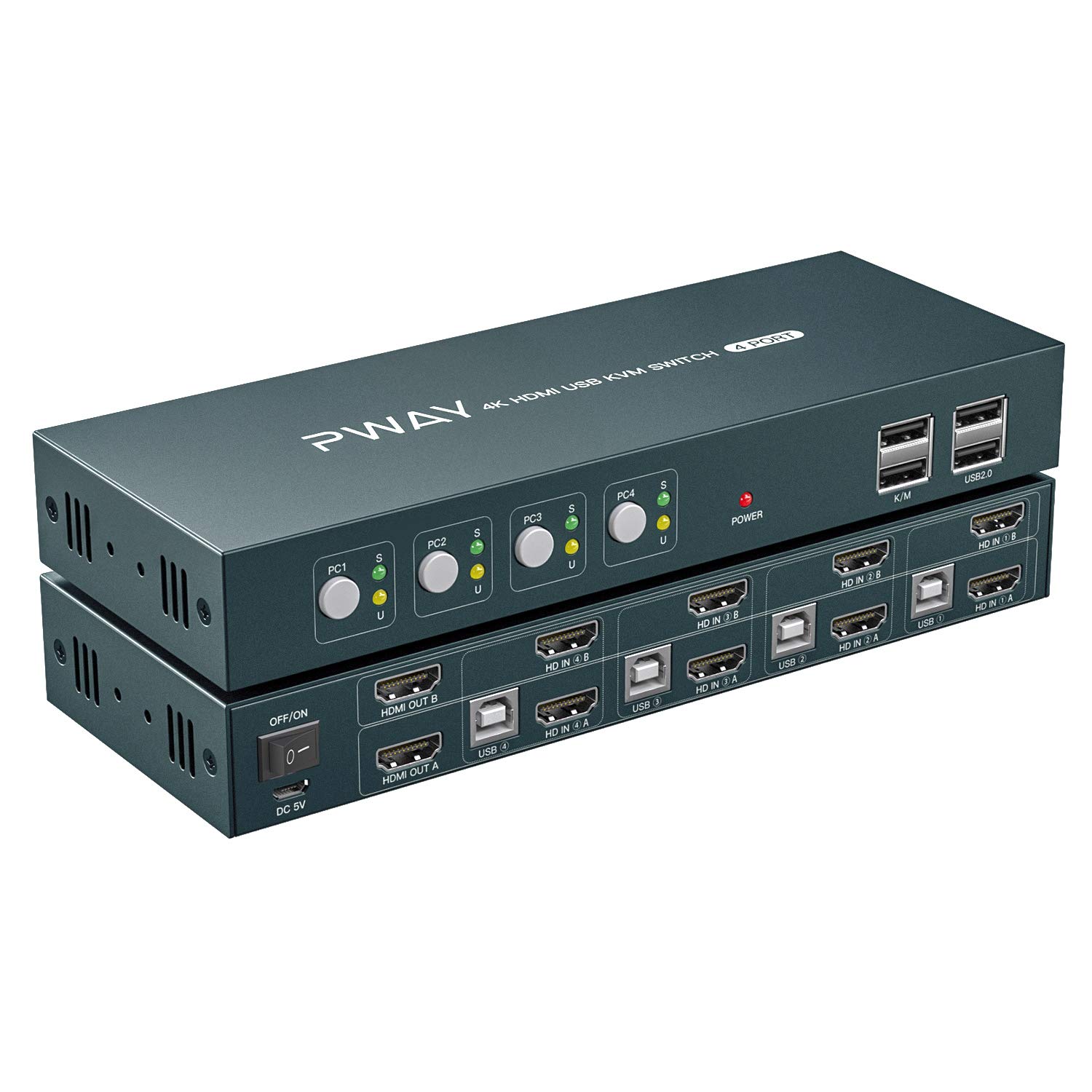 4 Port KVM Switch HDMI Dual Monitor Extended Display, 4K@30Hz 2 USB 2.0 Hub, Wireless Keyboard & Mouse and Hotkey Switch Supported, 4 in 2 Out, Powered by USB