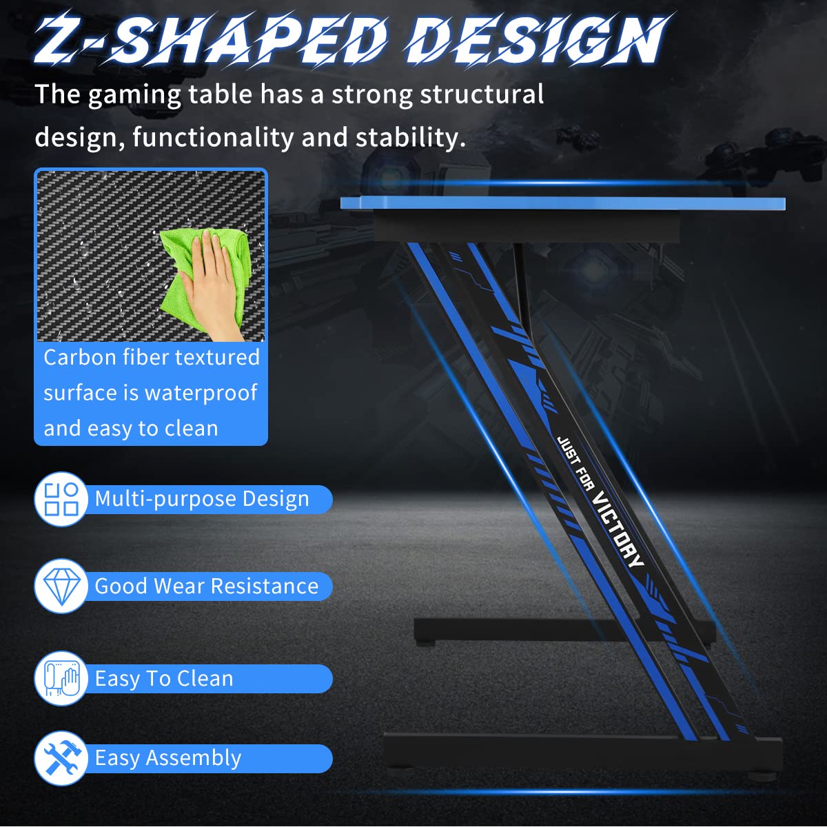 47" Gaming Desk Z Shaped Gaming Table Large Home Office Desks PC Computer Desk Workstation Ergonomic Gamer Table Writing Desk with Headphone Hook for Game Player Boyfriend Gift, Blue