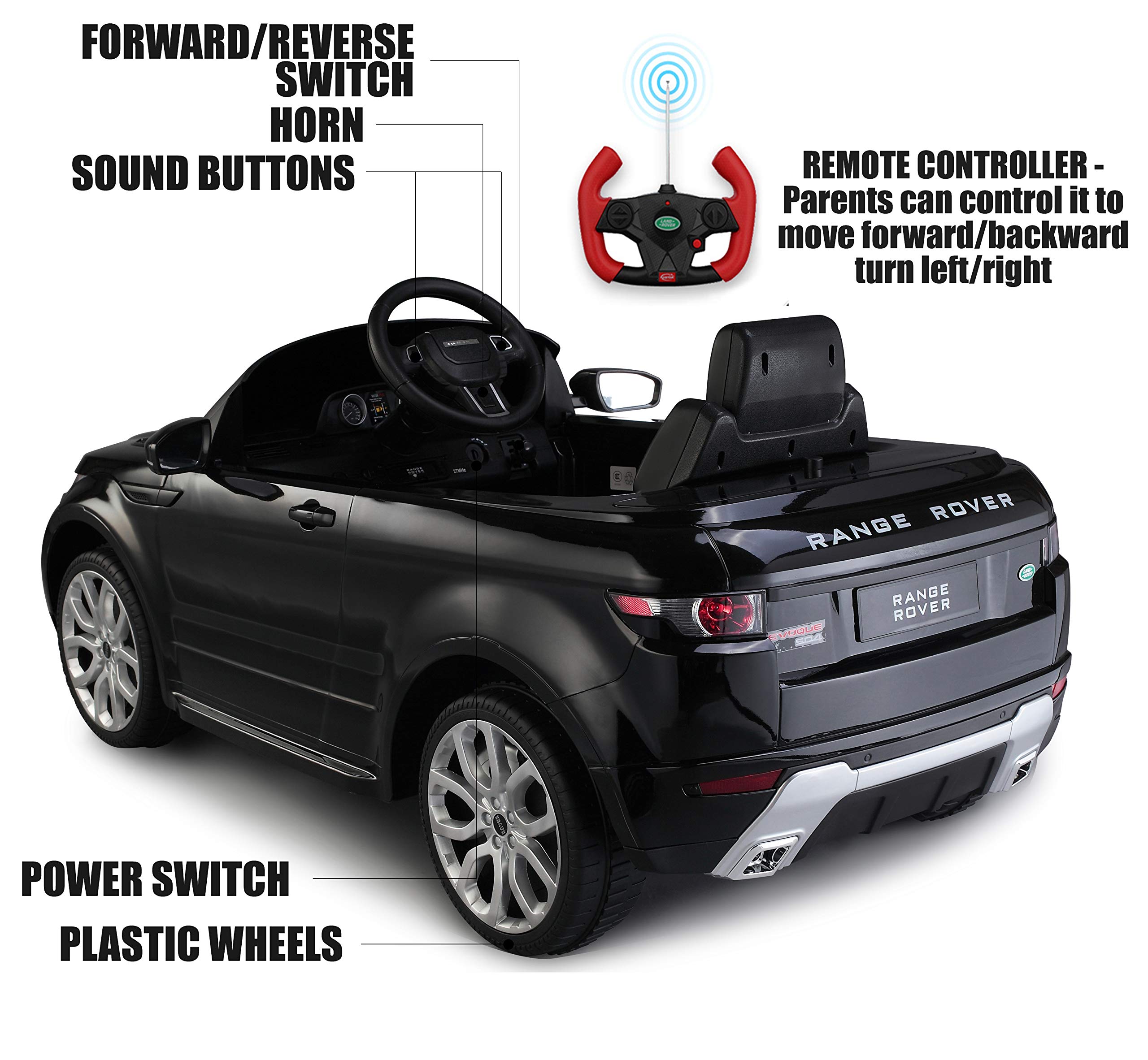 Americas Toys Compatible with Rastar Range Rover 12V Battery Powered Ride On Car with Remote Control - Kids Electric Car Includes Plastic Wheels, Headlight Function, MP3 Music and Horn Black