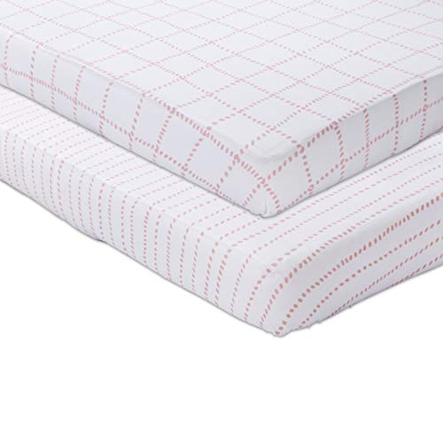 Petit Dreams Crib Sheet Jersey Knit Cotton for Baby Girl Fits Standard Size Crib Mattresses, Dotted Stripes & Grid Lines, (Pack of 2)