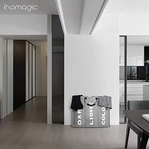 IHOMAGIC 3 Sections Large Laundry Hamper, Laundry Bag Collapsible, Foldable Fabric Clothes Sorter Storage Bag with Carry Handles for Dirty Clothes for Home Bathroom Dormitory 85L 23.6x12.6in Grey