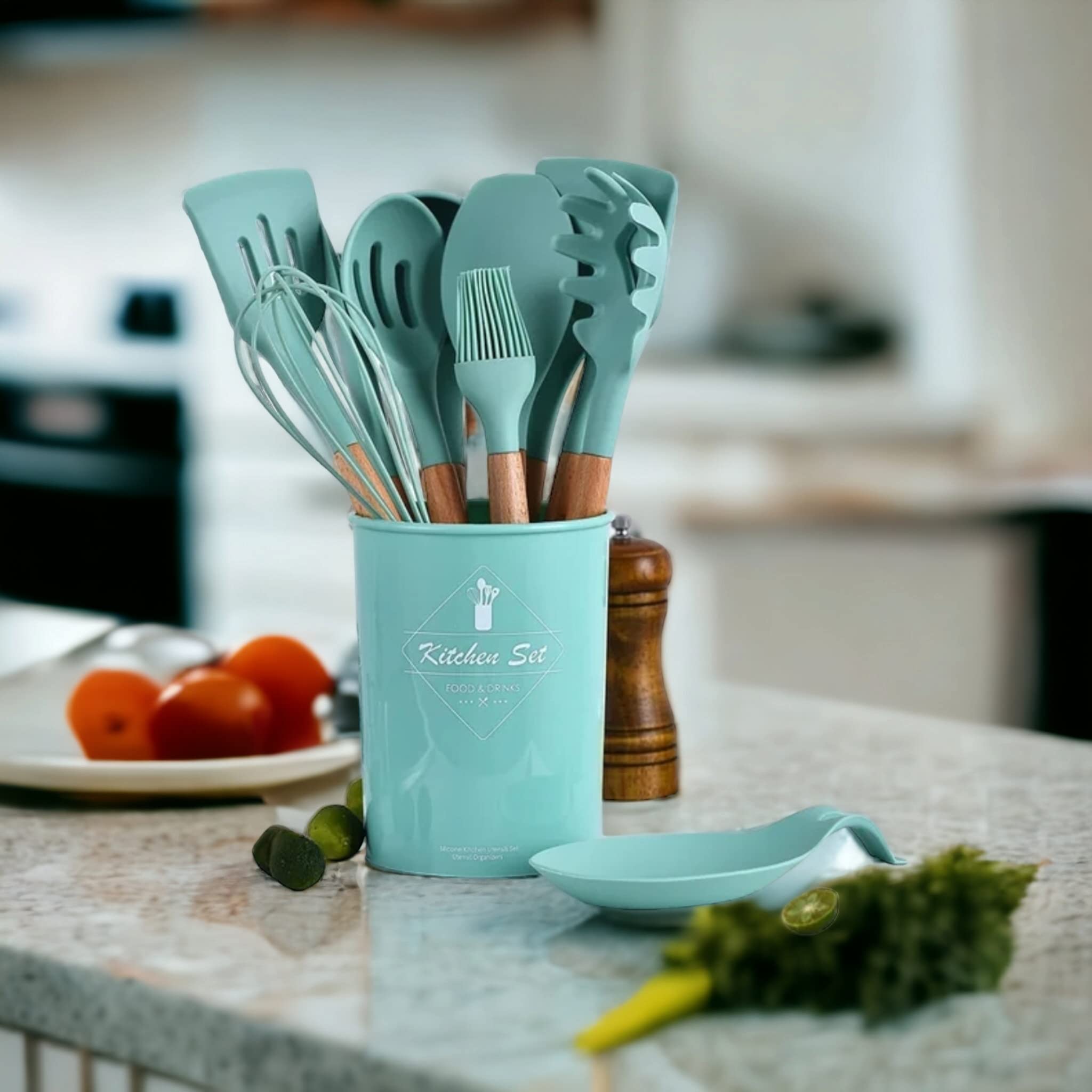 33 pieces.β Kitchen Utensils Set for cooking. Comes with 5 kitchen cleaning cloths, Utensil set with holder, spatula, so gadgets, silicone kitchen utensils wood handle.