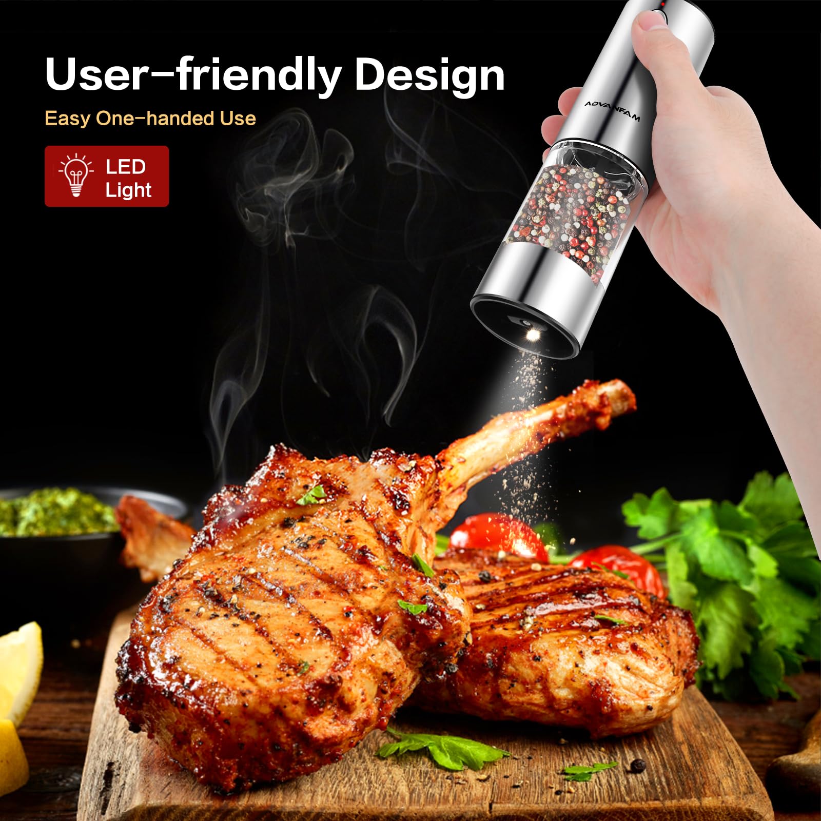 Advanfam Upgraded Larger Capacity Electric Salt Pepper Grinder Stainless Steel Pepper Grinder with LED Light, Rechargeable Automatic Salt or Pepper Mill Features Adjustable Coarseness