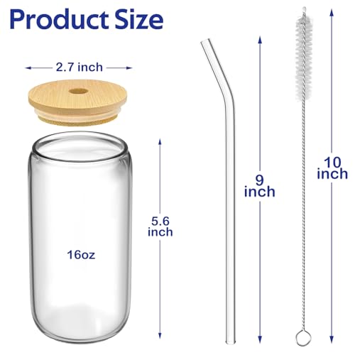 4 Set Glass Cups with Lids and Straws 16 oz, Glasses Drinking Set, Iced Coffee Cup with Bamboo Lids, Drinking Glasses Tumbler with Straw and Lid, Glass Can Coffee Cups, Drinking Glassware, 2 Brushes