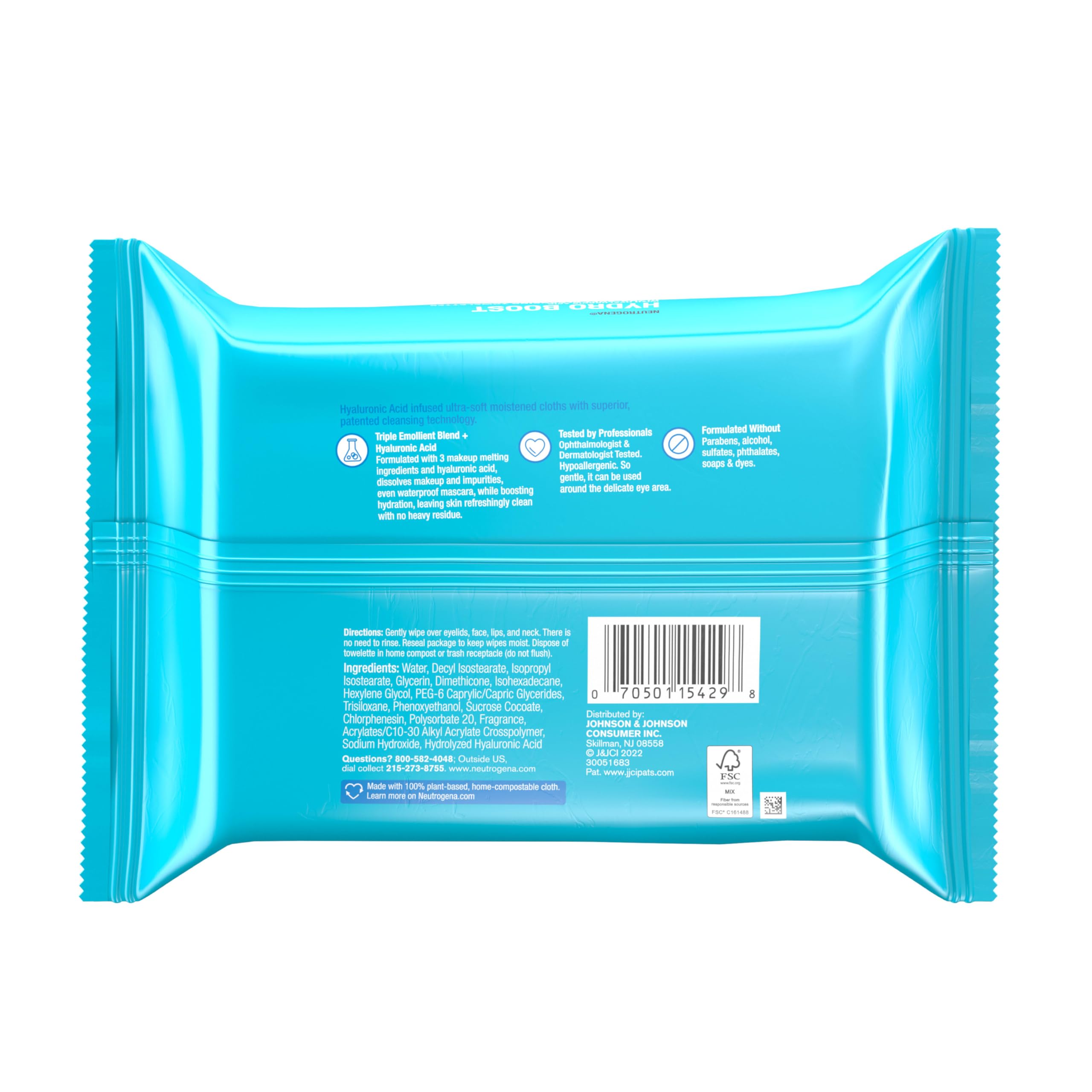 Neutrogena Hydro Boost Face Wipes + Hyaluronic Acid, Hydrating Makeup Remover Wipes Remove Dirt & Waterproof Makeup, Hypoallergenic, 100% Plant-Based Cloth, 25 ct