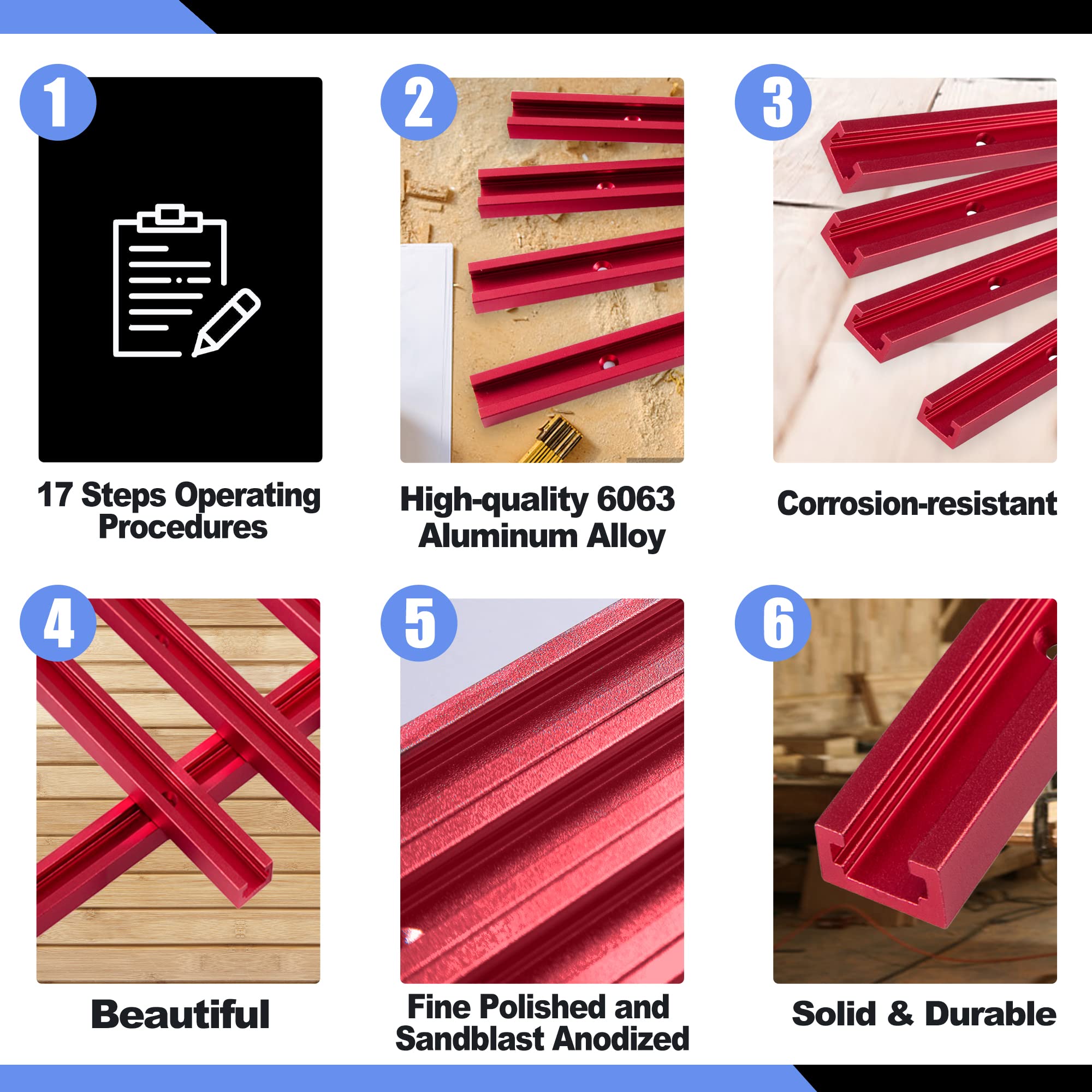 WOODHERO 48'' Red T-Tracks for Woodworking - Ideal Gifts for Woodworkers Men Unique | 4 PCS Predrilled Universal T Track, Fine Sandblast Anodized, Sturdy and Durable, Comes with Flat Head Wood Screws