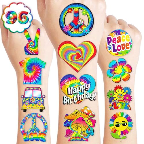 8 Sheets (96PCS) 60s Temporary Tattoos Theme Tie Dye Hippie Birthday Party Decorations Favors Supplies Stickers For Adults Kids Gifts Classroom School Prizes Rewards