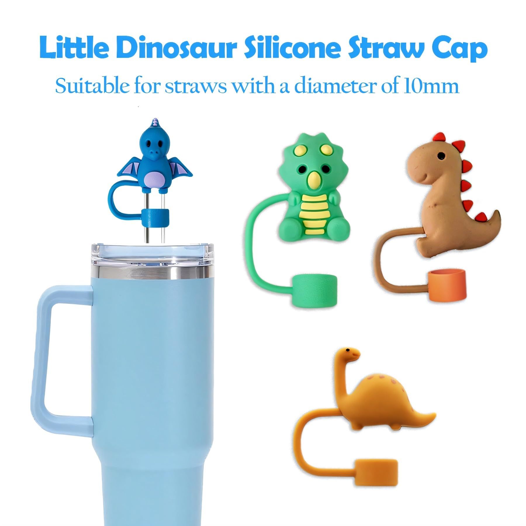 4 Pack Dinosaur Straw Cover Cap for Stanley Cup 30&40 Oz Tumblers, 0.4in/10mm Silicone Straw Topper Protector Lid with Cute Dinosaurs Kids Cup Accessories