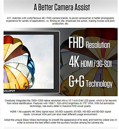 LILLIPUT A11 10.1" FHD PRO 4K HDMI SDI VGA Input Broadcast Monitor w/G+G Technology Free F970 Battery & Gimbal Stand