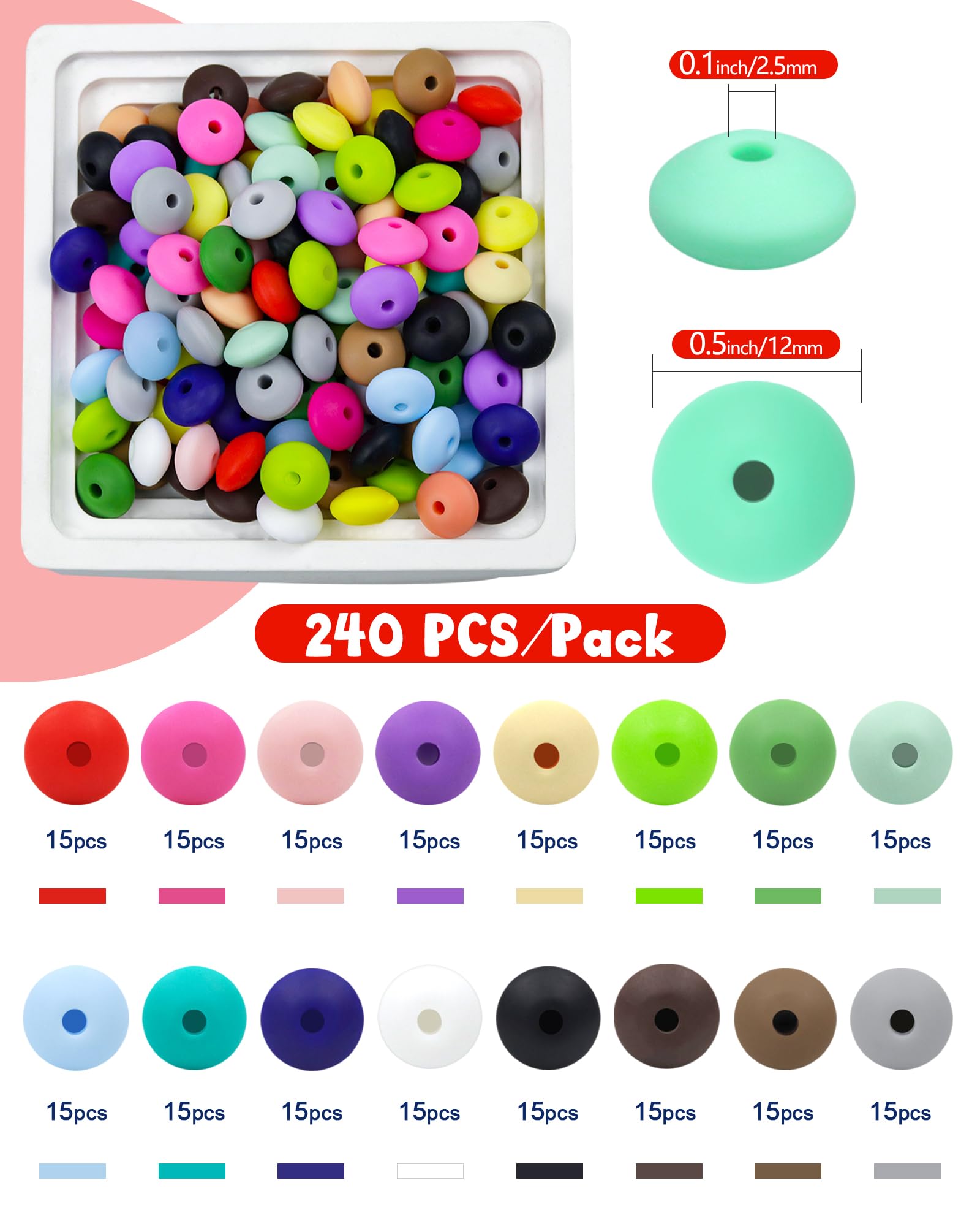 240PCS FIVEIZERO Silicone Lentil Beads,12mm Silicone Beads Abacus Beads Silicone Beads Bulk Silicone Spacer Beads Colorful DIY Lanyard Beads for Making Necklace Keychain Accessories(16 Colors)