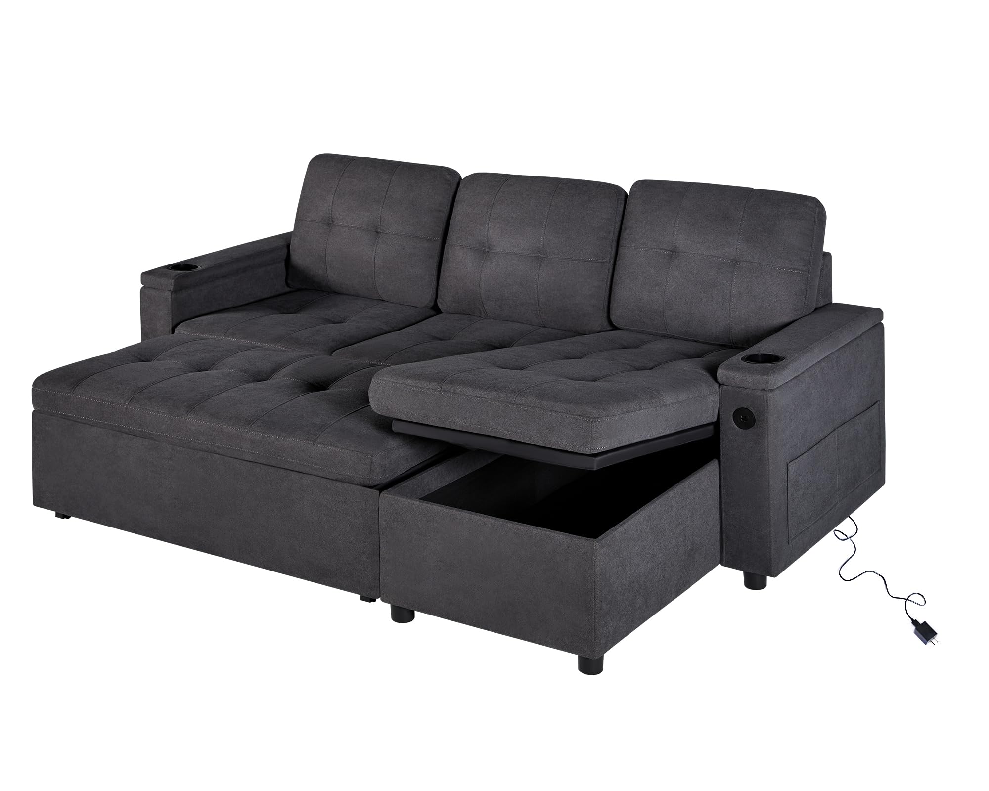 AMERLIFE 84 Inch Sofa Bed, Sleeper Sofa with 2 USB Sockets & Cup Holders, L Shaped Pull Out Couch Bed with Storage Chaise- Dark Grey
