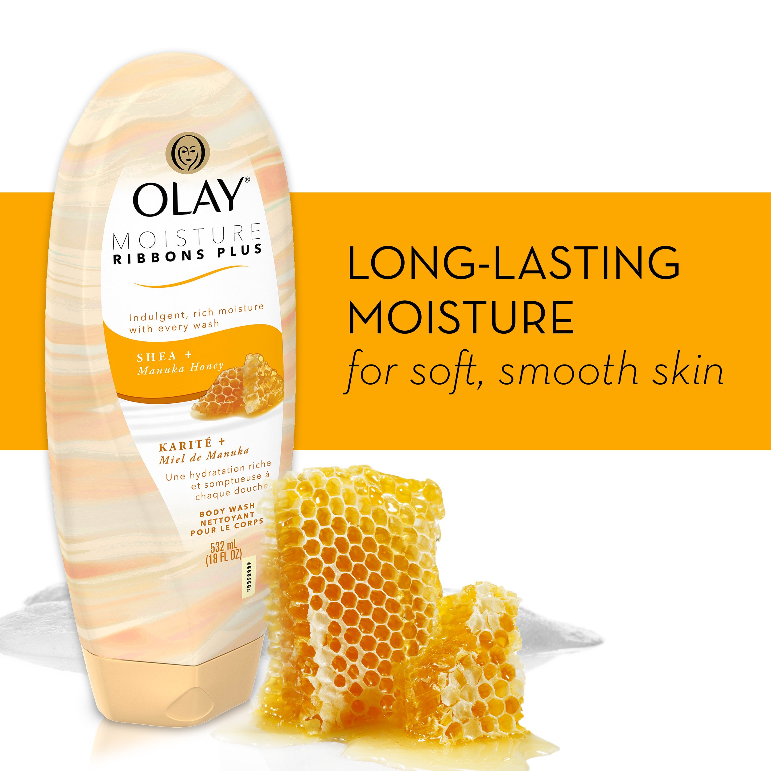 Body Wash by Olay, Moisture Ribbons Plus Shea + Manuka Honey Body Wash, 18 fl oz (Pack of 4)