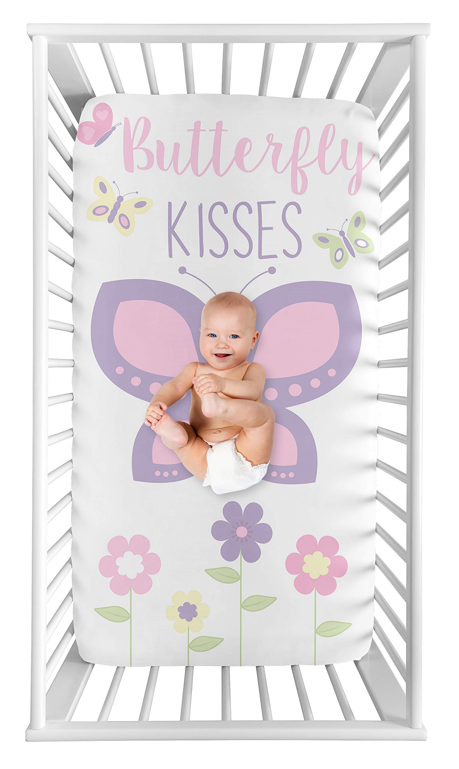 Sweet Jojo Designs Butterfly Girl Fitted Crib Sheet Baby or Toddler Bed Nursery Photo Op - Pink and Purple Floral Flower Garden Kisses