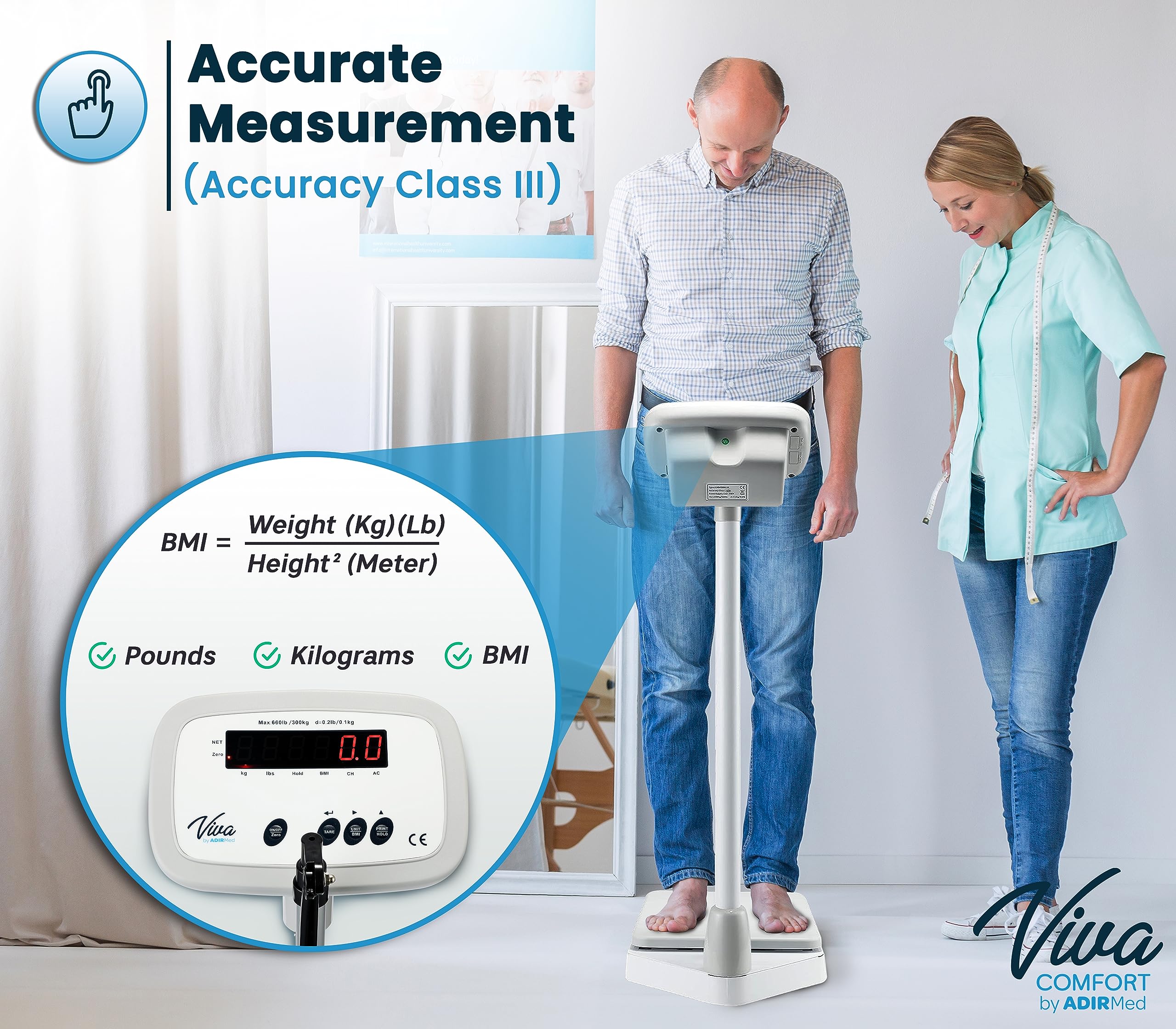 AdirMed Digital Physician Scale with Mechanical Height Rod - Eye-Level Measuring Station for Body Weight, Height & BMI - Ideal for Gyms, Medical Facilities & Rehabilitation Centers