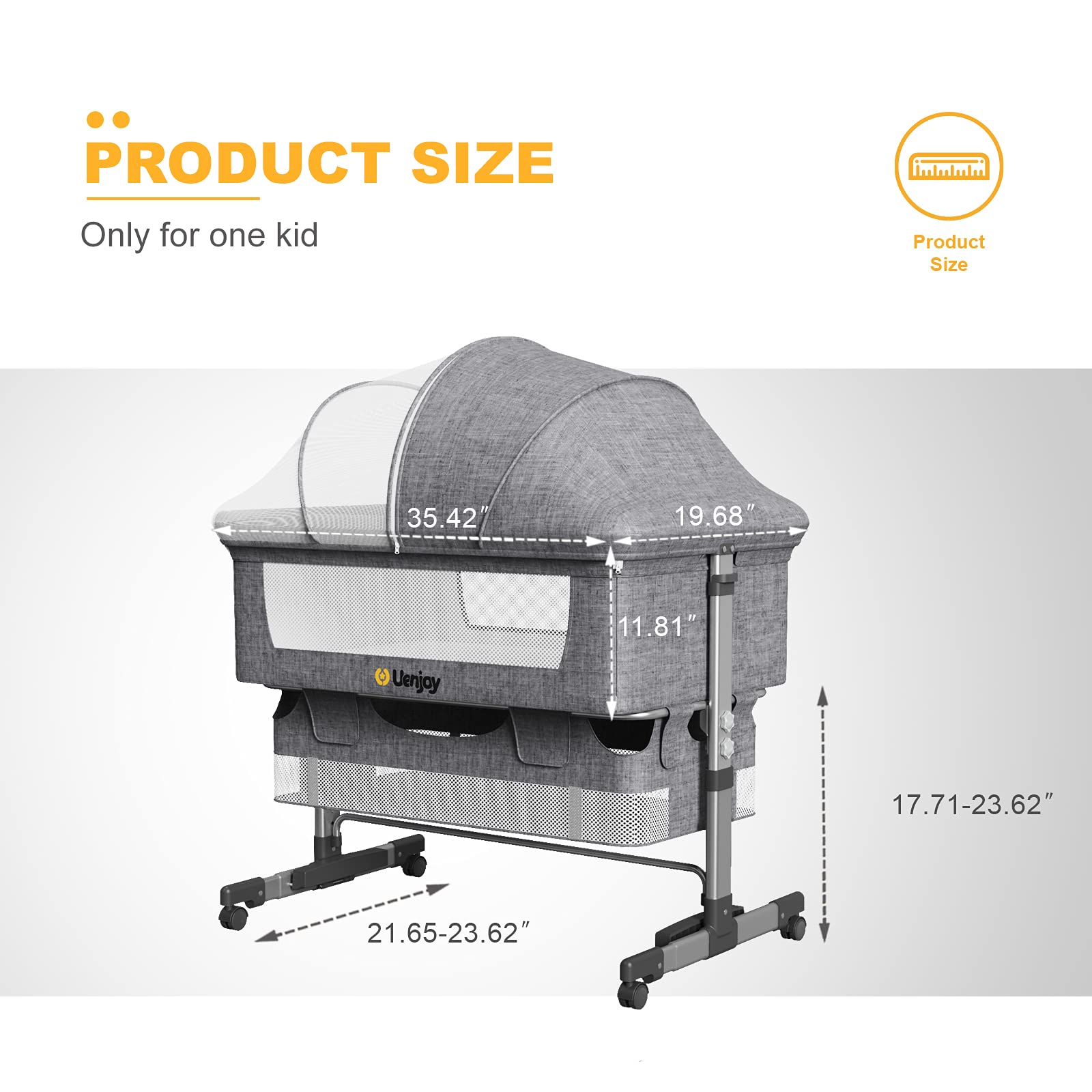 Uenjoy Baby Bassinet, Bedside Sleeper,Foldable Baby Bed to Bed, Adjustable Portable Bed for Infant/Baby/Newborn,with Mosquito Nets, Large Storage Bag, Comfortable Mattresses, Lockable Wheels,Gray