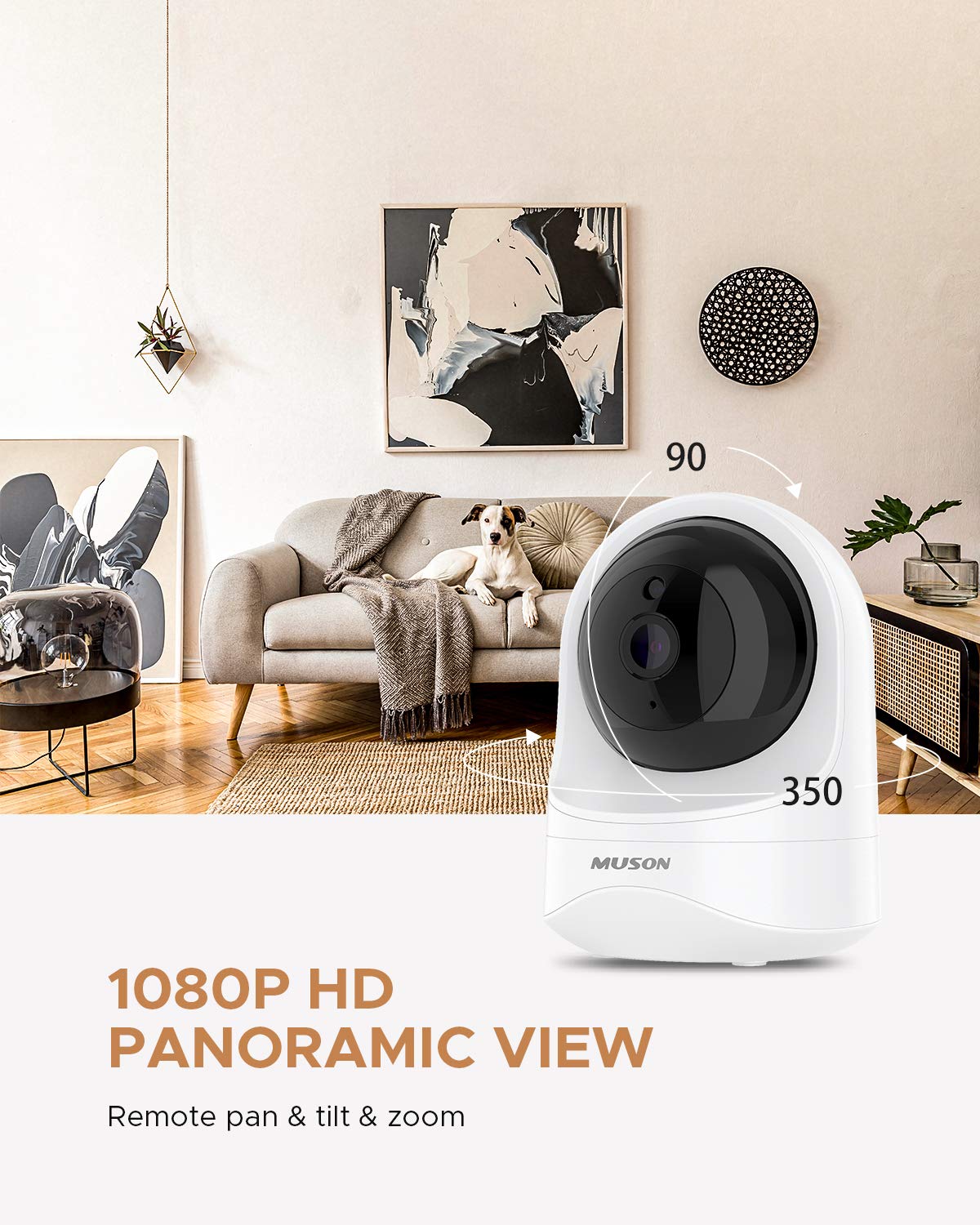 muson WiFi Home Camera for Baby/Pet/Nanny 1080P HD Indoor Wireless Surveillance Camera with Motion Detection, Night Vision, Two-Way Audio, Compatible with Alexa, Compatible with Smartphones, White