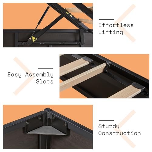 AMERLIFE Lift Up Storage Bed, Queen Bed Frame with Storage Underneath, Wooden Platform Bed Frame, Solid Wood Slats Support, No Fixed Headboard, No Box Spring Needed, Dark Oak