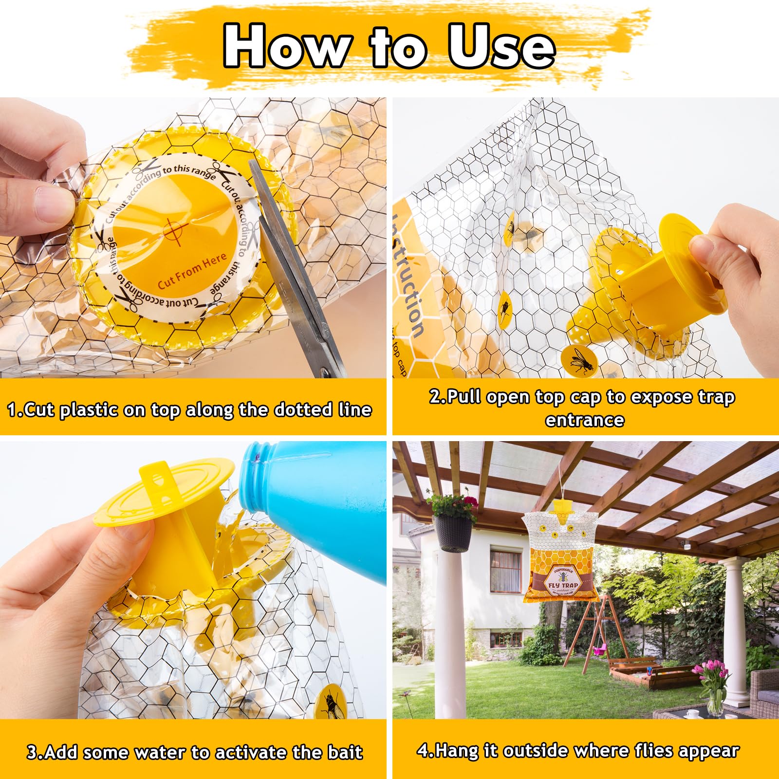 4 Pack Fly Traps Outdoor, Big Fly Bag with Bait Disposable Hanging, Ranch Stable Horse Fly Trap, Fly Hunter Control for Barn, Farm, Mosquito Bug Catcher and Flying Insect Trap Killer Repellent