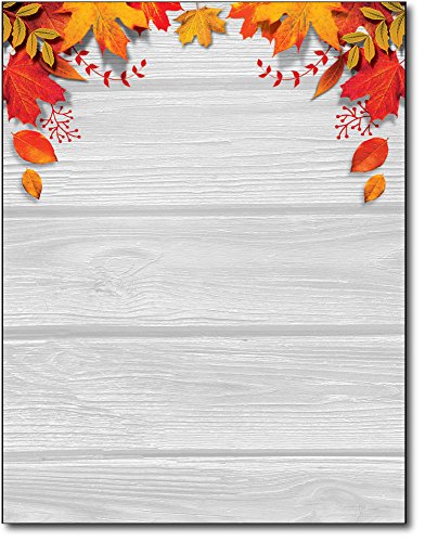 Fall Leaves over Wood Stationery Paper - 80 Sheets - Autumn Letterhead for Festivals & Thanksgiving