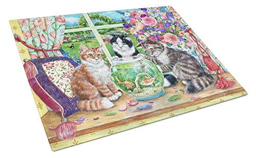 Caroline's Treasures CDCO0325LCB Cats Just Looking in the fish bowl Glass Cutting Board Large Decorative Tempered Glass Kitchen Cutting and Serving Board Large Size Chopping Board