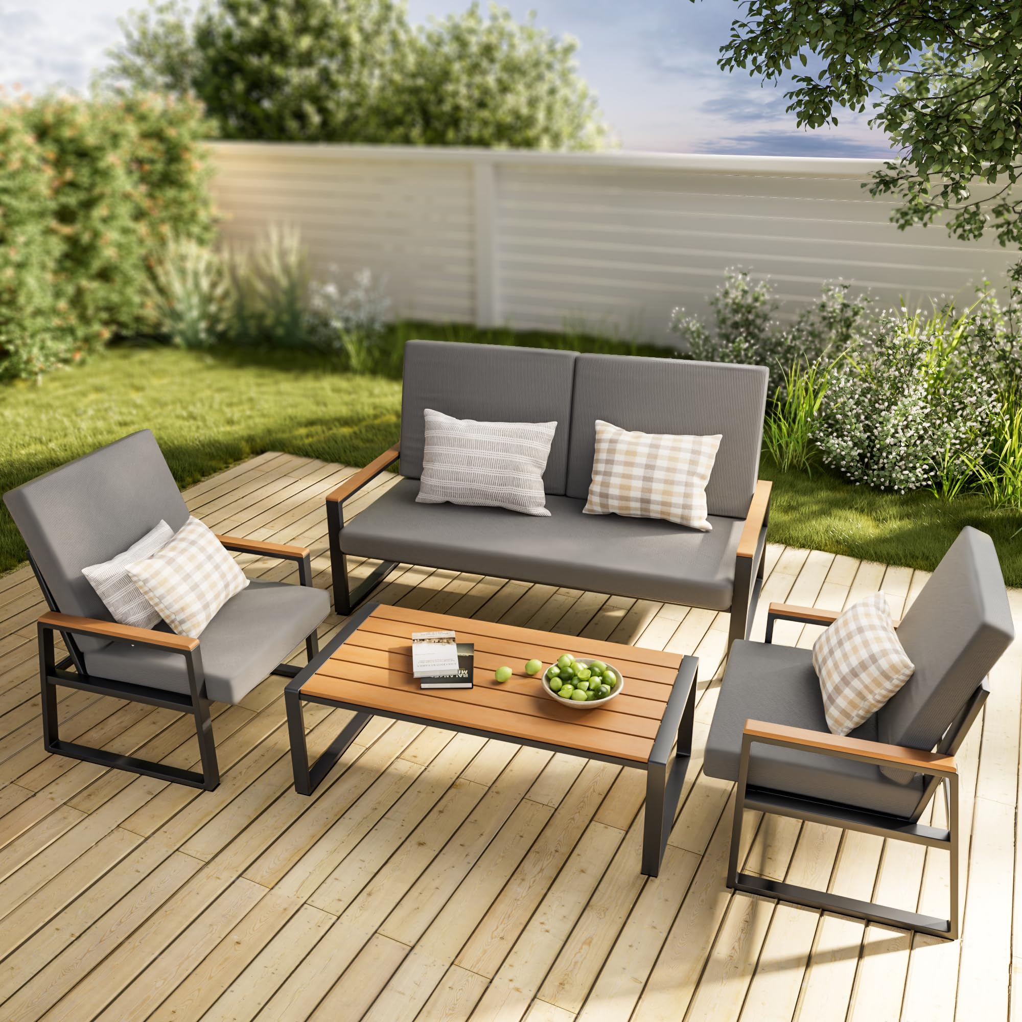 Gizoon 4-Piece Outdoor Patio Furniture Sets, Patio Conversation Set with Removable Seating Cushion, Courtyard Patio Set for Home, Yard, Poolside (Grey)