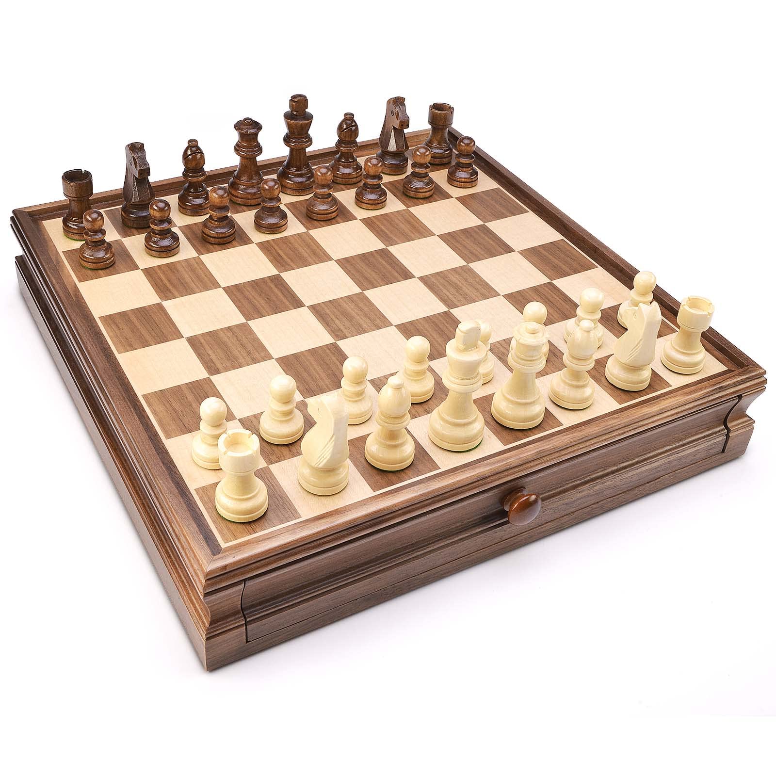 AMEROUS 15" x 15" Wooden Chess & Checkers Set with Built-in Storage Drawers/Weighted Chess Pieces / 2 Bonus Extra Queens / 24 Cherkers Pieces/Classic 2in1 Board Games for Kids, Adults