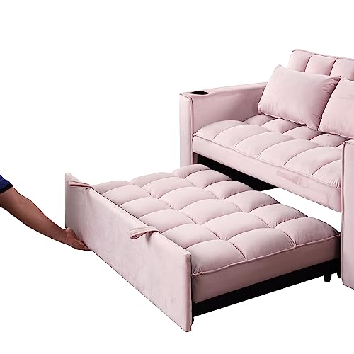 4-in-1 Multi-Functional Convertible Sofa Bed w/Cup Holder and USB Port,Velvet Upholstery Sleeper Couch Pull-Out Sofabed, 55.3'' Loveseat Chaise Lounge with Pillows for Living Room,Small Place