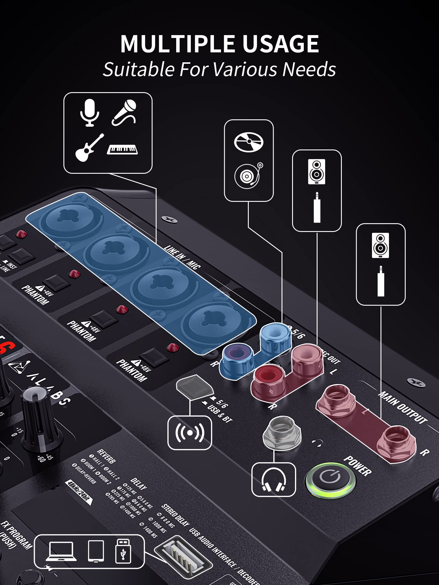 6 Channel Audio Mixer, ALABS DJ Mixer Sound Board for PC, Karoake Mixer Amplifier Mixer Audio, Podcast Mixer, XLR Interface Mixing Console,OP-AMP/Mic Preamps/Phantom/3-band EQ/16 DSP ,TABLE6
