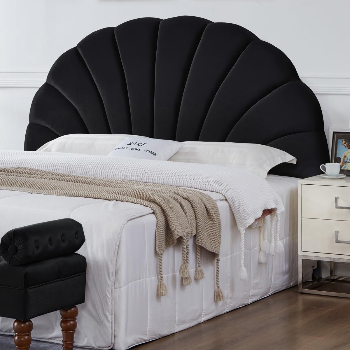 24KF Stunning Crown Design King Headboard, Upholstered Soft Velvet Petal Pattern Headboard King/CA King-Beige