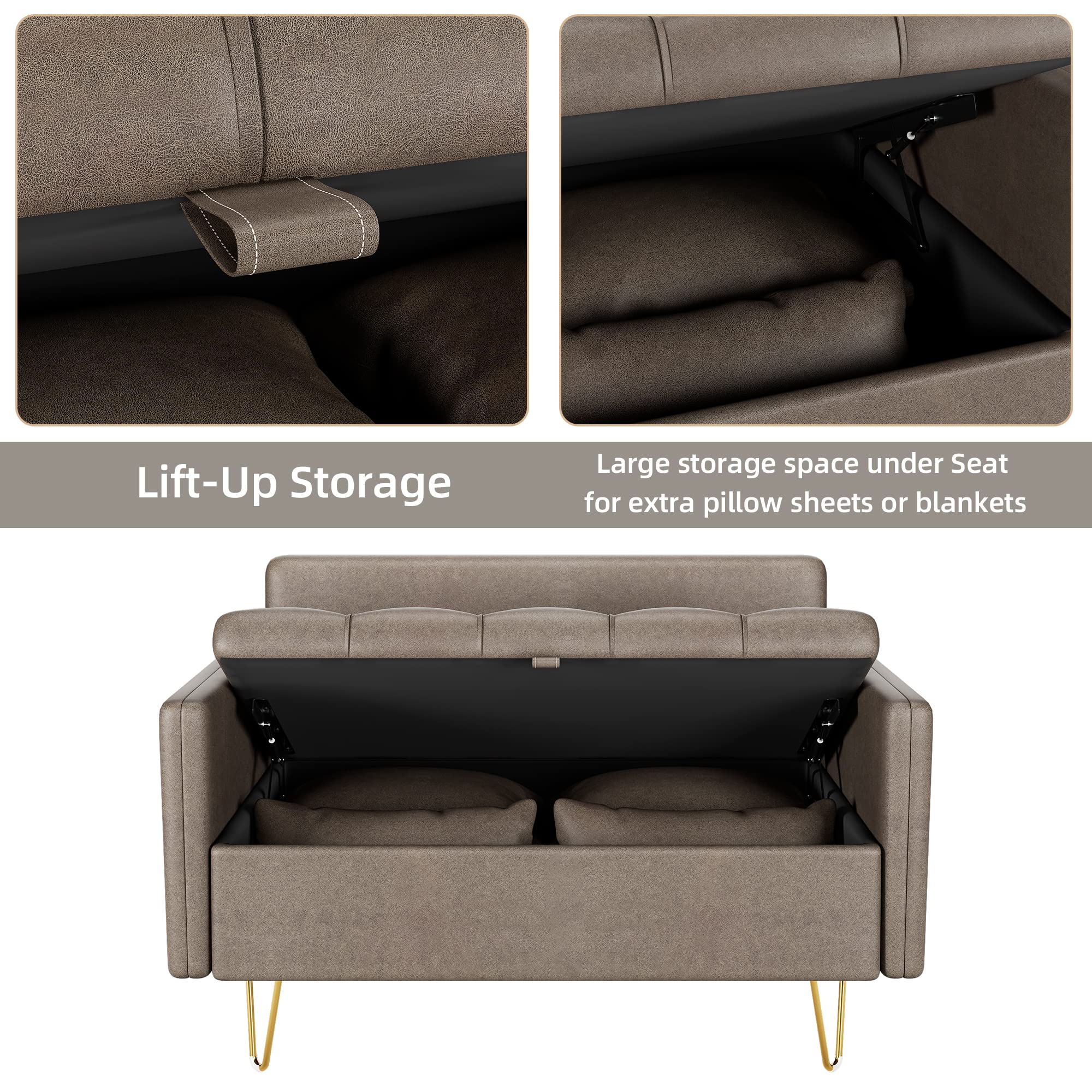 44.5 Inch Small Modern Loveseat Sofa Couch with Storage Under Seat Cushion, Comfy Leather Fabric 2-Seat Sofa with 4 Pillows,Memory Foam, for Small Spaces, Living Room, Bedroom, Dark Brown