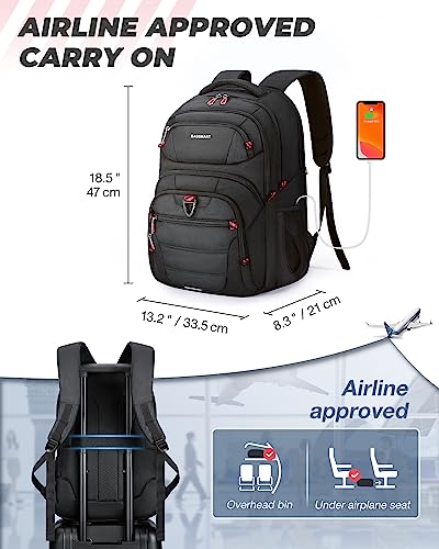 BAGSMART Travel Laptop Backpack Men Women, Extra Large Work 17.3 Inch Computer Backpack Airline Approved Carry On with Water-Repellent, Charging Hole, for Business Work College Hiking Weekender, Black