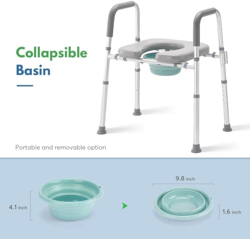 4-in-1 Raised Toilet Seat with Handles and Back, Medical Bedside Commode Chair, Adjustable Toilet Safety Frame, Shower Chair for Seniors, Elderly, Handicap, Pregnant,Collapsible Basin Included