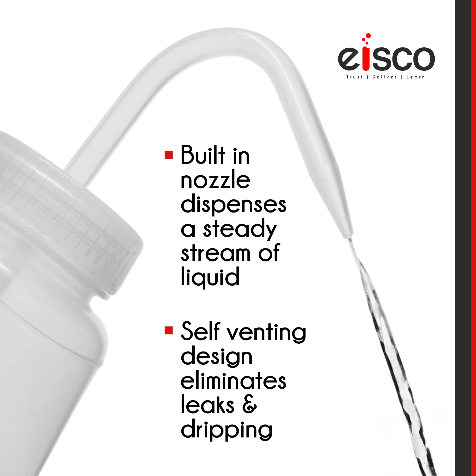EISCO Wash Bottle for Distilled Water, 500ml - Labeled with Color Coded Chemical & Safety Information (2 Color) - Wide Mouth, Self Venting, Low Density Polyethylene Labs