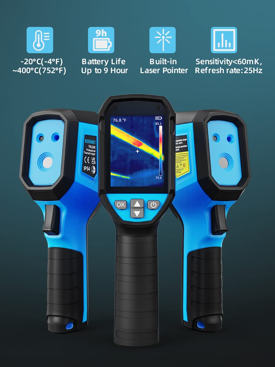 ACEGMET TR120E Thermal Imaging Camera, 120 x 90 IR Resolution Handheld Thermal Camera 10800 Pixels, 25 Hz Refresh Rate Thermal Imager with Laser Pointer, 2.4" LCD Screen, IP54, -4°F~752°F Range
