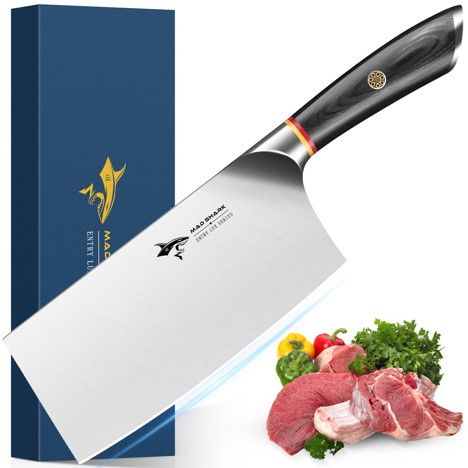 MAD SHARK 7 inch Heavy Duty Kitchen Knife, Professional Sharp Vegetable Cleaver, German Military Grade Composite Steel with Ergonomic Handle, Chef Knife for Home Kitchen Cook Cutting, Chopping