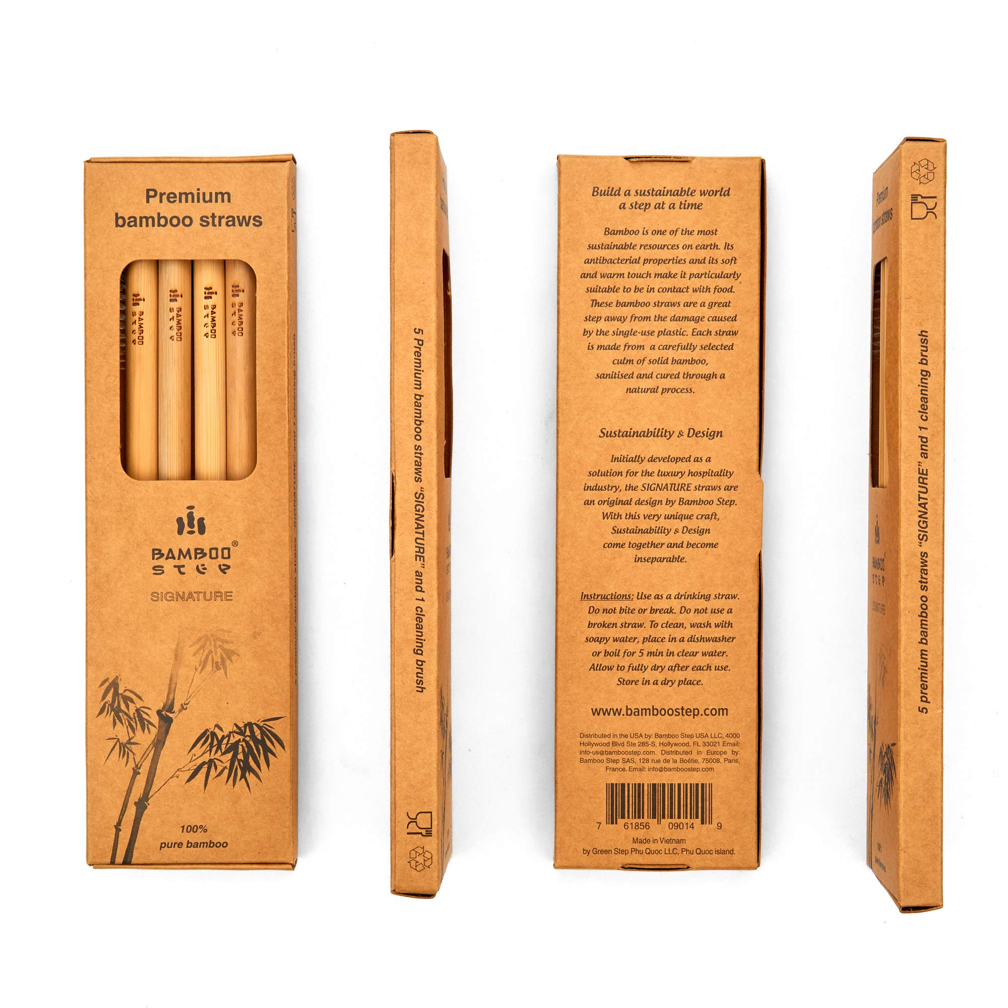5 Bamboo Straw kit - Luxury Quality: 5 Reusable Straws of 20cm/7.9" from the SIGNATURE Line by Bamboo Step and a Cleaning Brush in a kraft paper box. (Regular Diameter Size: 0.35β / 9mm)