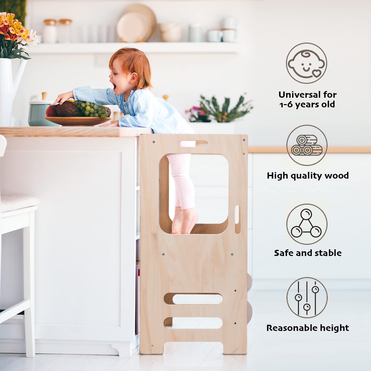 Kitchen Step Stool for Toddler with Kids,Wooden Montessori Learning Stool,with Drawing Board and Educational Number Stickers & Slide,Help Children Stand Tower and Improving Enlightenment Education