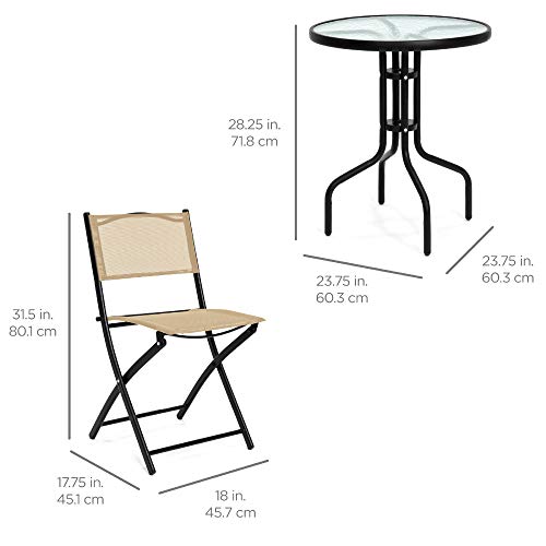Best Choice Products 3-Piece Patio Bistro Dining Furniture Set w/Textured Glass Tabletop, 2 Folding Chairs, Steel Frame, Polyester Fabric - Beige