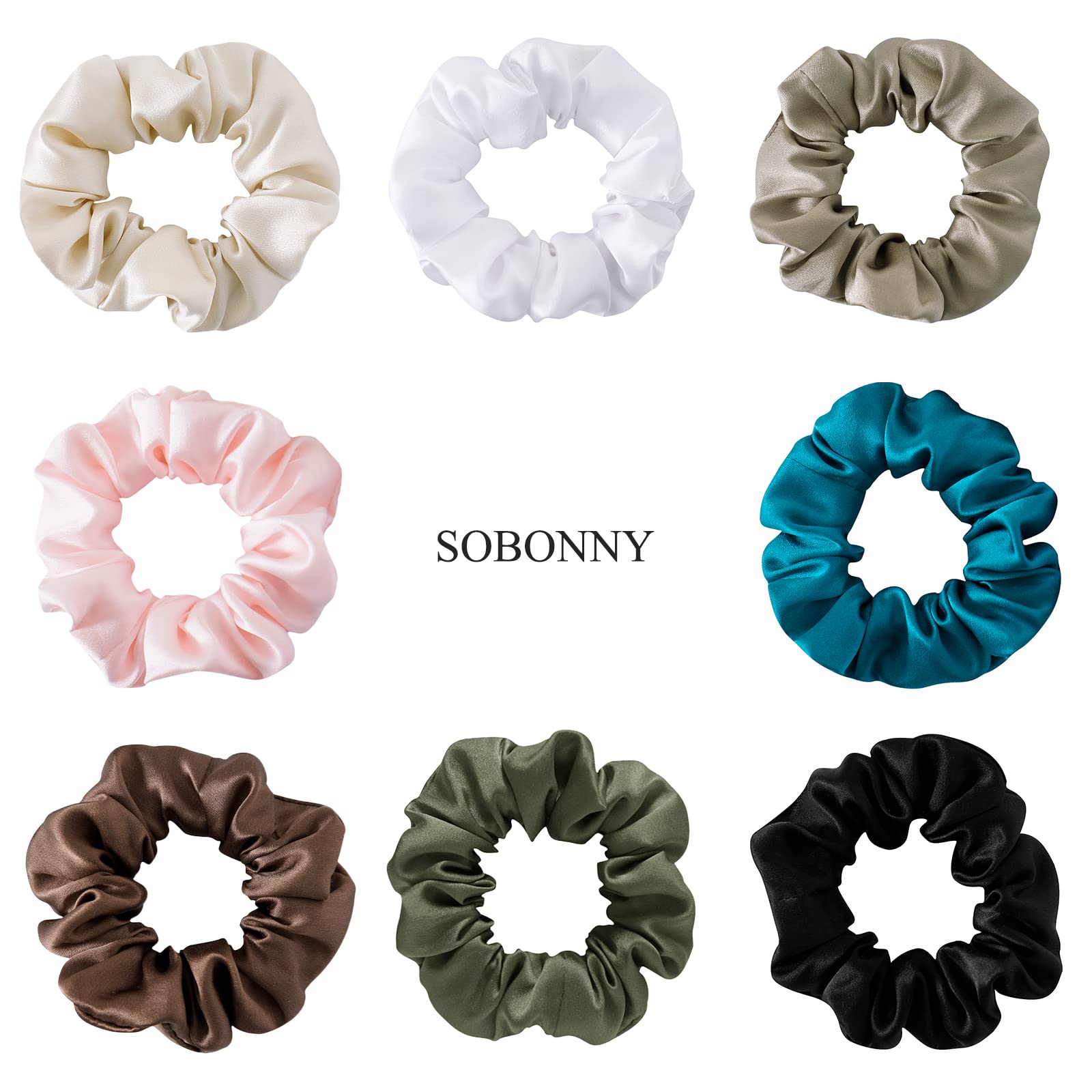 SOBONNY Silk Scrunchies for Women - 100% Mulberry Silk Hair Ties, 3 Pack, No Damage Elastic Ponytail Holders (Brown, Black, Pink)