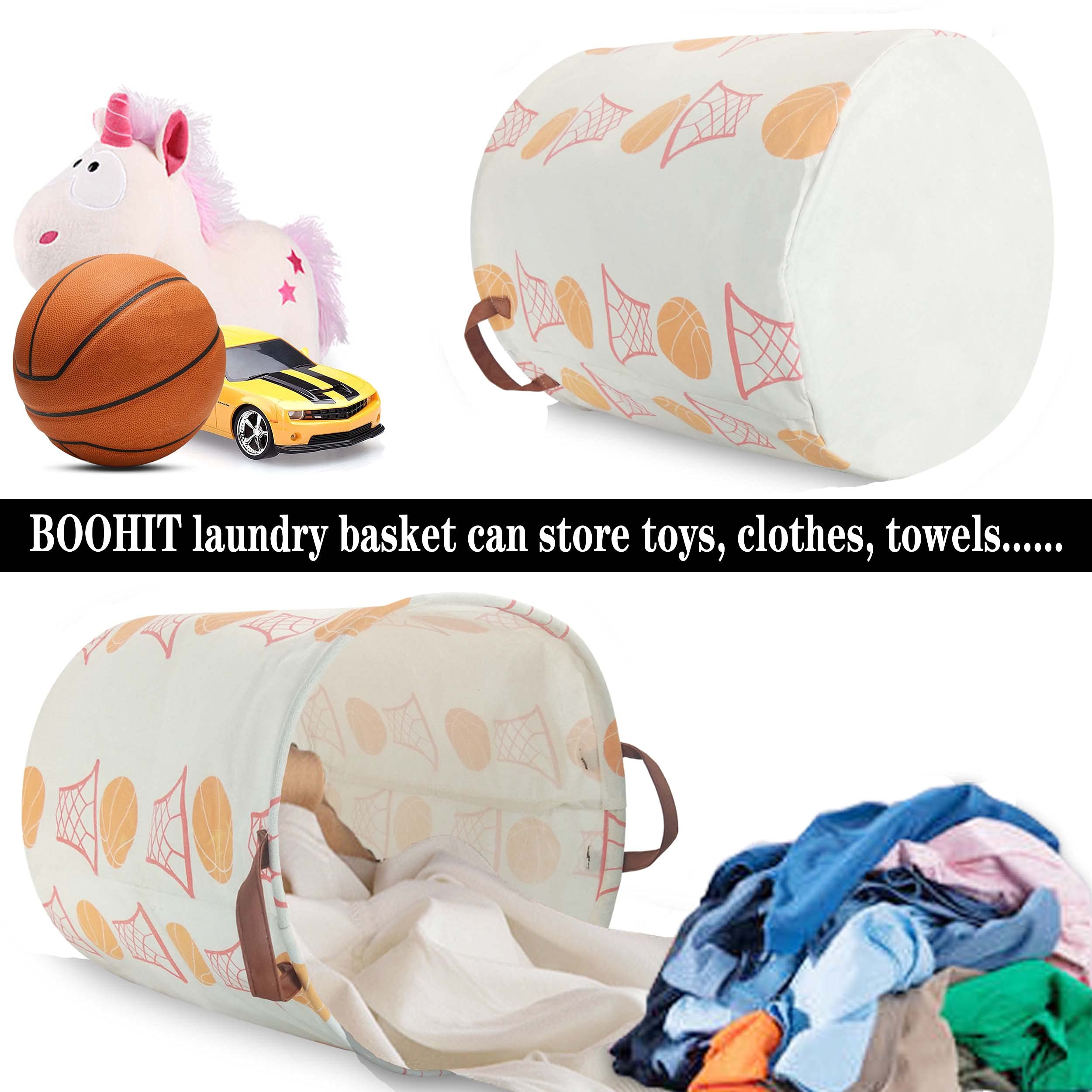 BOOHIT Cotton Fabric Storage Bin,Collapsible Laundry Basket-Waterproof Large Storage baskets,Toy Organizer,Home Decor (basketball)