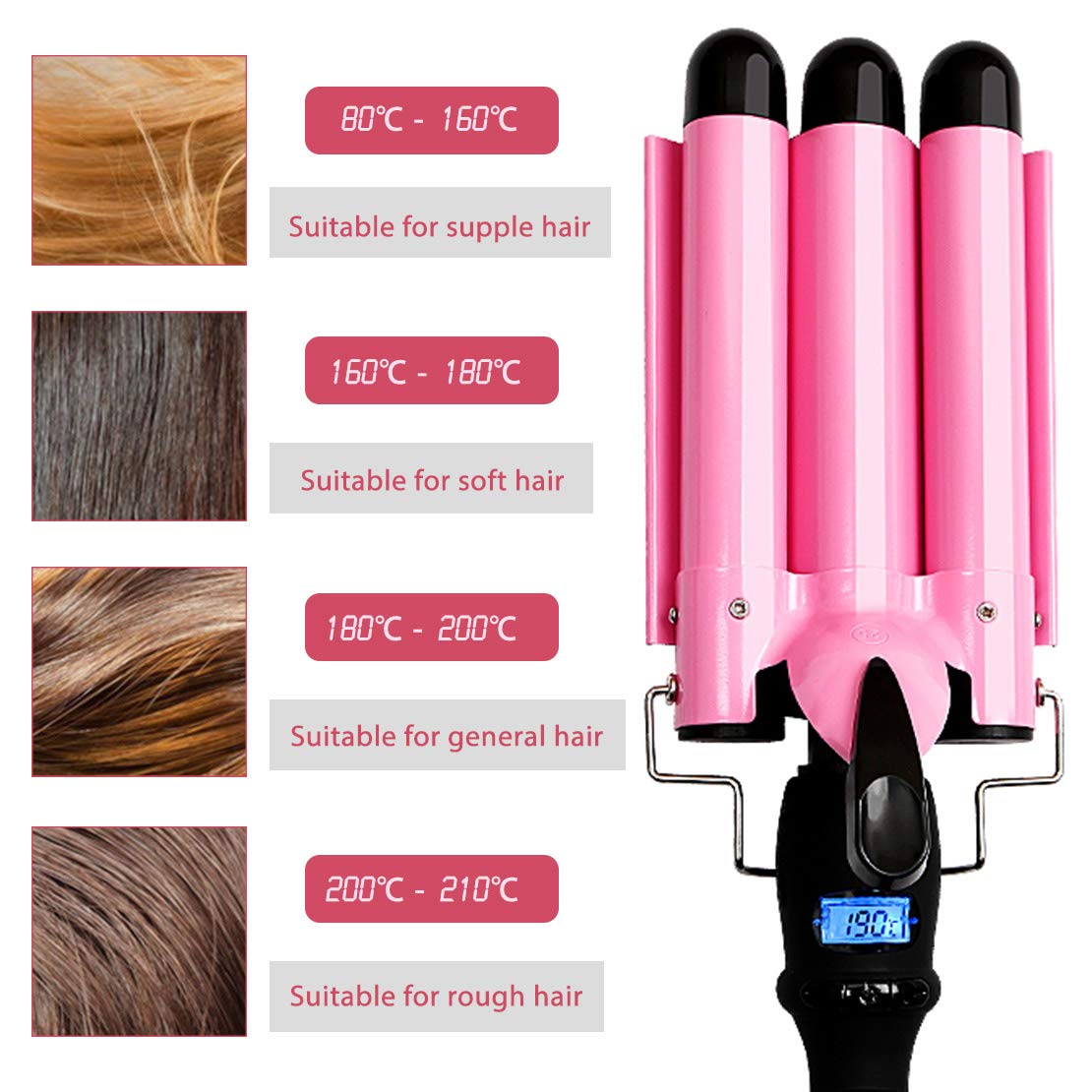 3 Barrel Curling Iron Wand Hair Crimper with Dual Voltage, 1 Inch Hair Waver Iron with LCD Temp Display, Ceramic Tourmaline Crimper Hair Iron, Hair Curler Temperature Adjustable