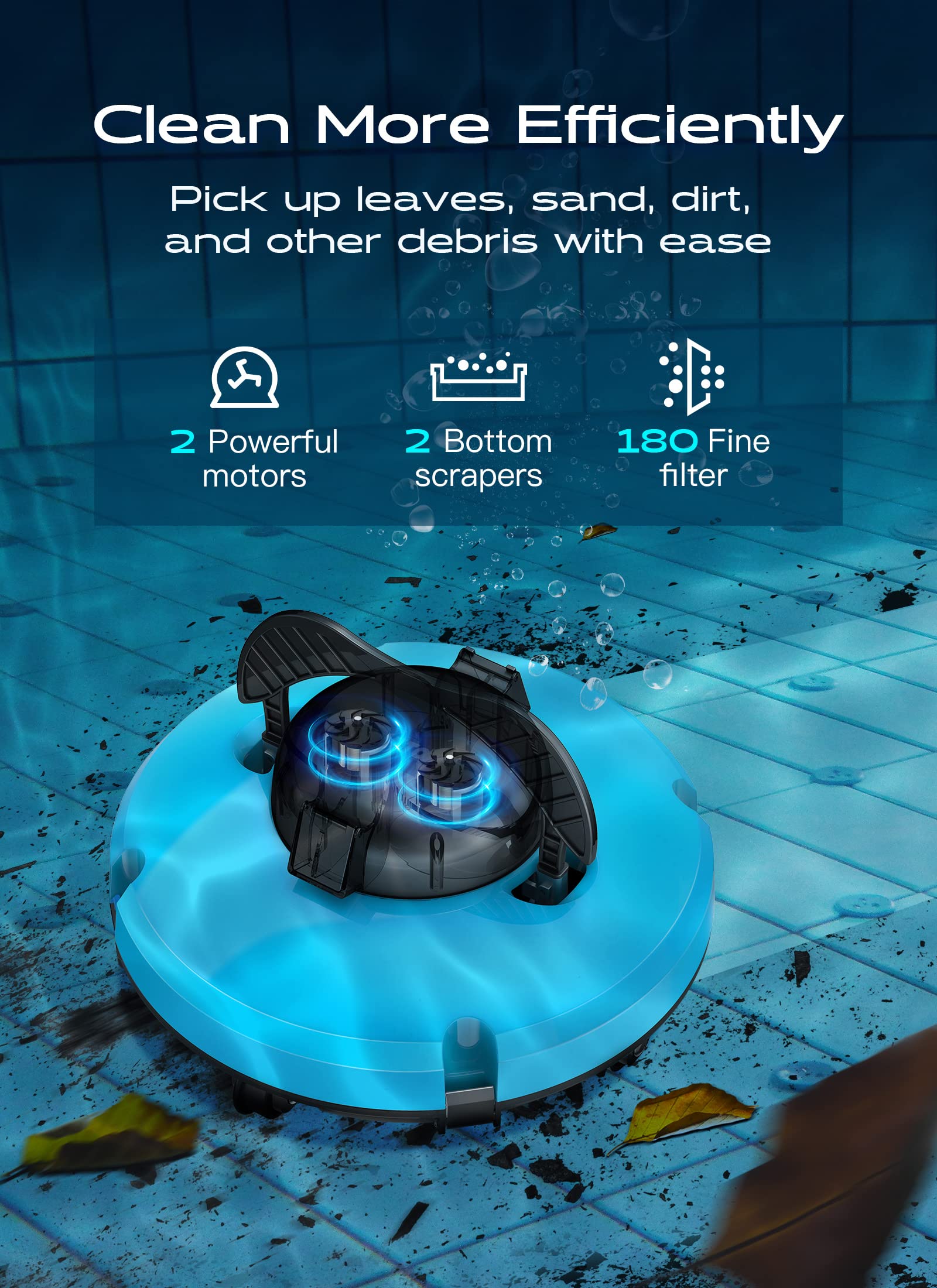 ๐๐๐๐ ๐๐ฉ๐ ๐ซ๐๐๐๐ Cordless Pool Vacuum -ใUp to ๐๐๐ MinsใRobot Pool Vacuum Cleaner for Above Ground /Inground PoolใEnhanceใ5200mAh Batteryใ2-MotorใPowerful Suction for Flat Pool Up 650 Sq.Ft