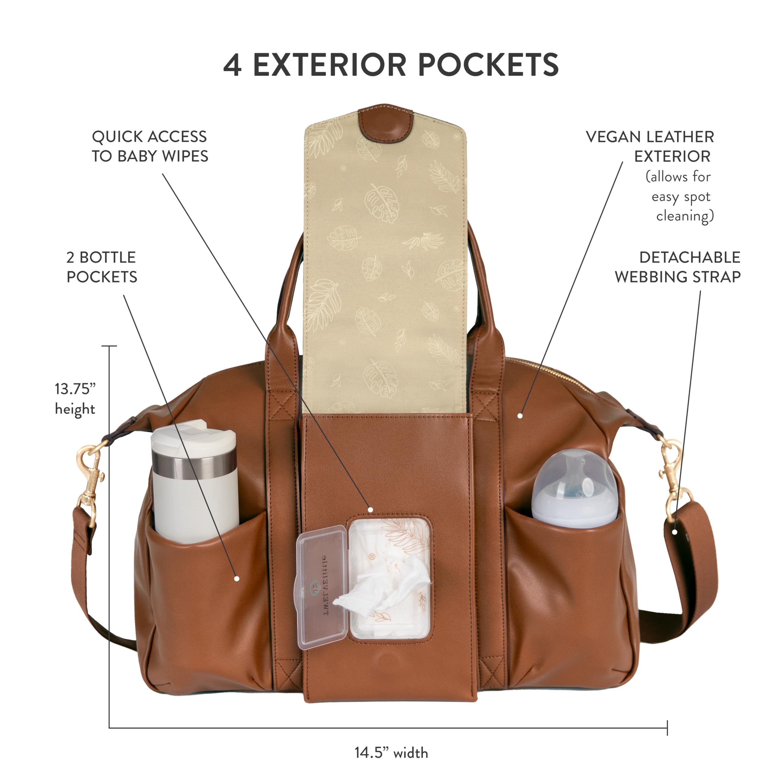 TWELVElittle Peek A Boo Vegan Leather Satchel Diaperbag - Baby Bag with Wipes Pouch, Stroller clips and Diaper Changing Mat, Toffee, Vegan Leather