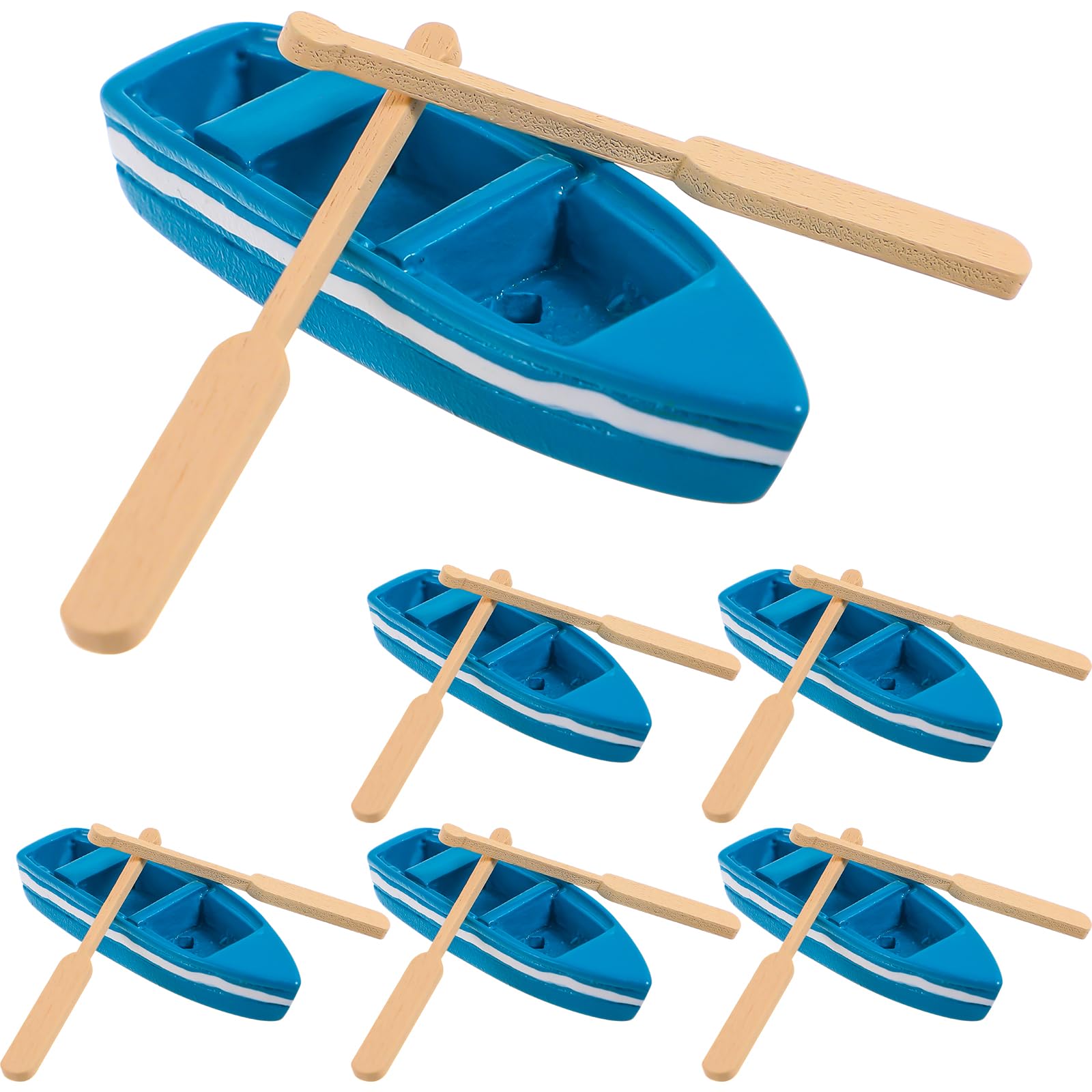 BESPORTBLE 6 Sets Miniature Rowboat Mini Blue Wood Boat with Oars Canoe Model Figurines Fairy Garden Miniatures Nautical Home Decorations (Boat+2 Paddles)