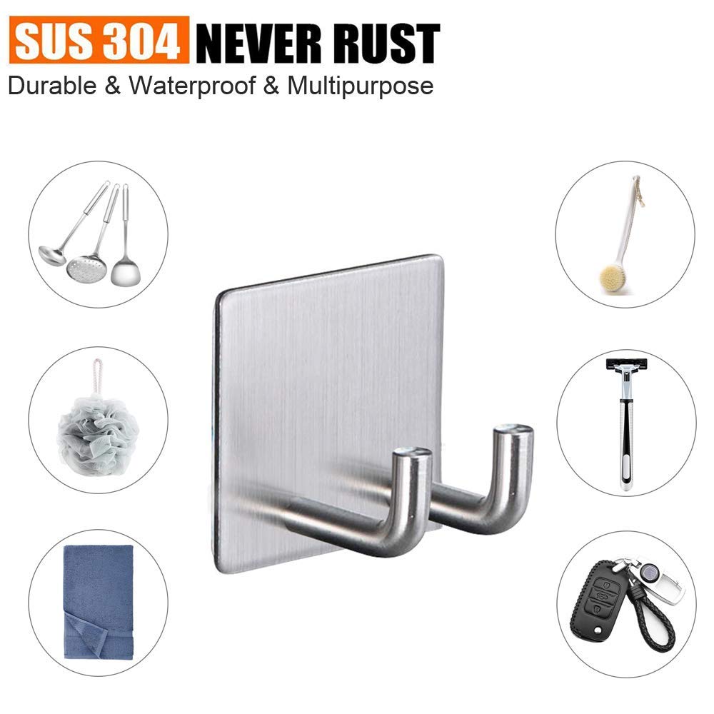 Adhesive Hooks Razor Holder Heavy Duty Wall Hooks Stainless Steel Waterproof Hangers For Kitchen Bedroom Bathroom,Stick on Hooks Antiskid Hooks Double Hanging Towel Robe Coat Key Brushed Nickel 2-Pack