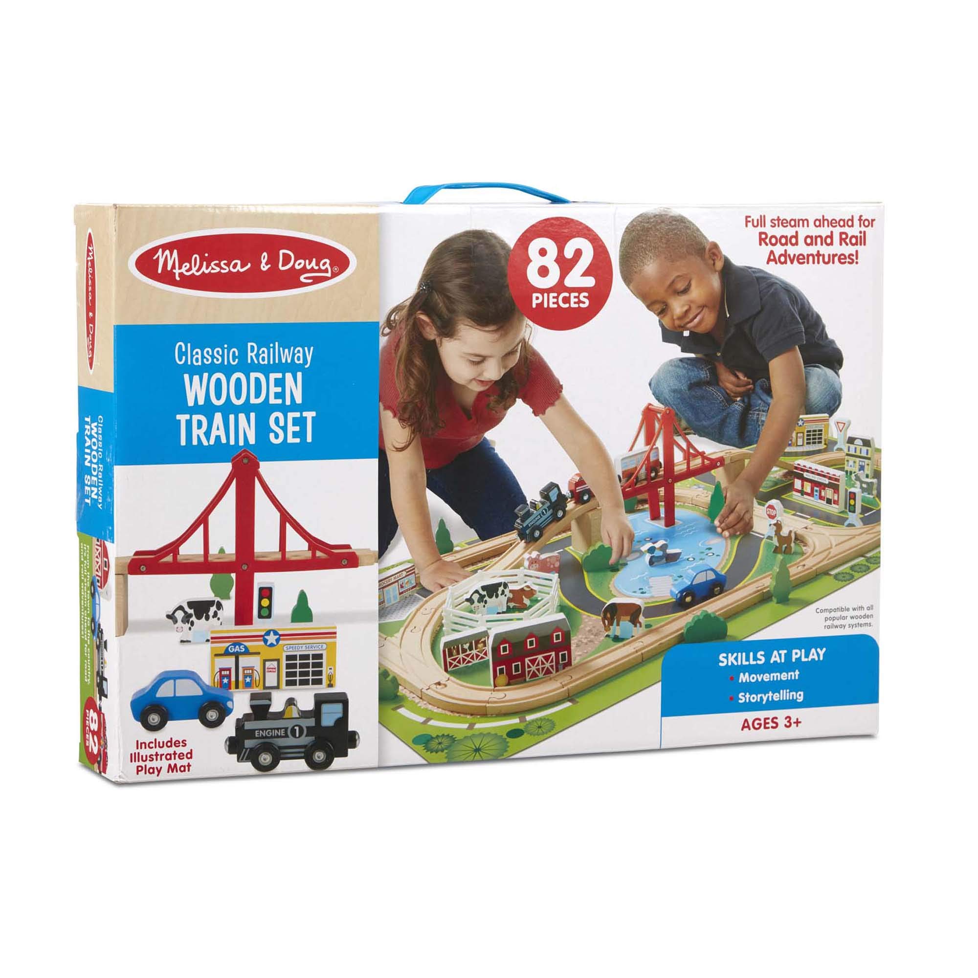 Melissa & Doug Classic Railway Wooden Train Set (82 Pieces – Magnetic Trains, Car, Tracks, Buildings, Play Figures)