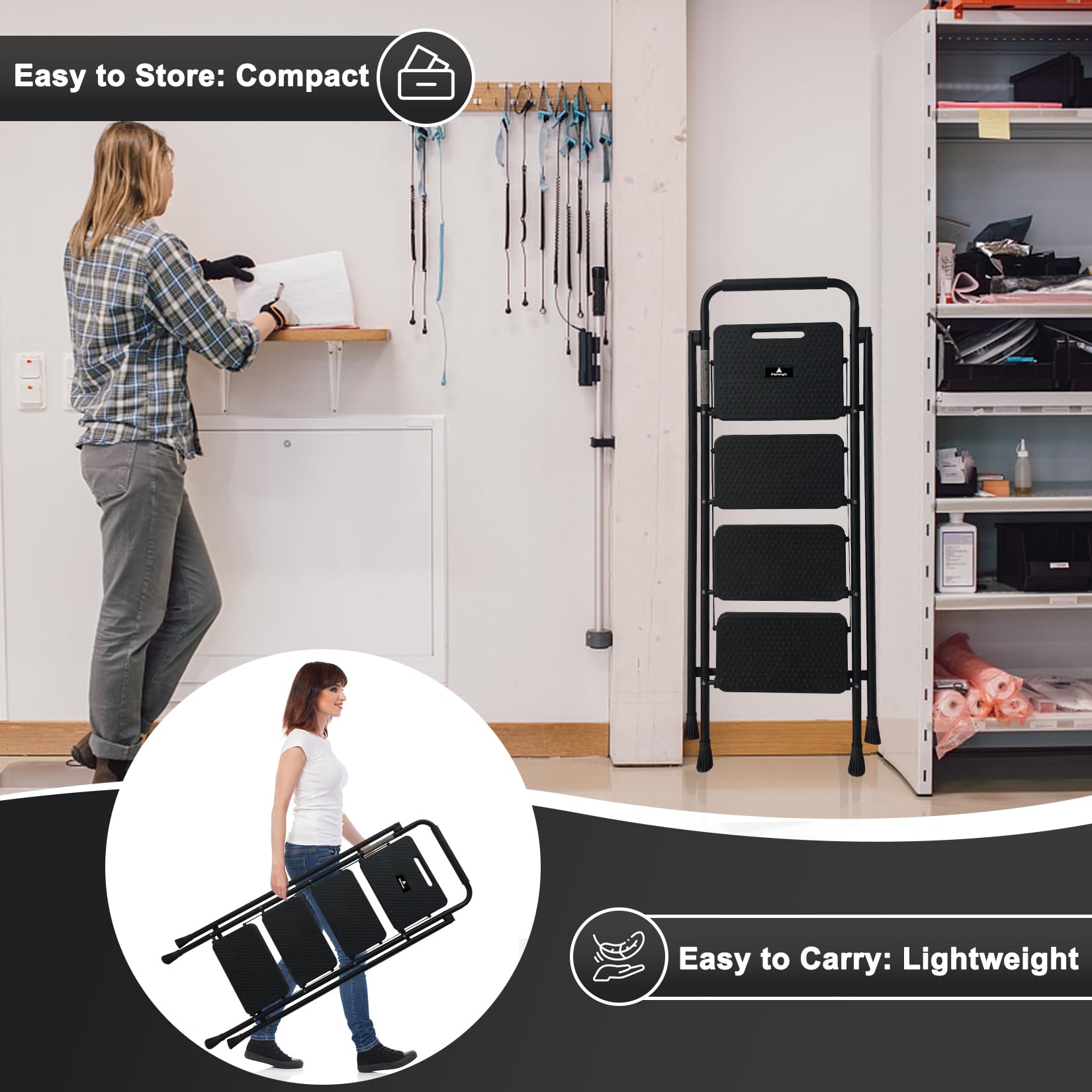 4 Step Ladder 4 Step Folding Step Stool with Wide Anti-Slip Pedal, 800 lbs Heavy Duty Sturdy Step Ladders with Anti-Slip Handle for Kitchen Library Closet, Lightweight, Portable Step Stools Ladder