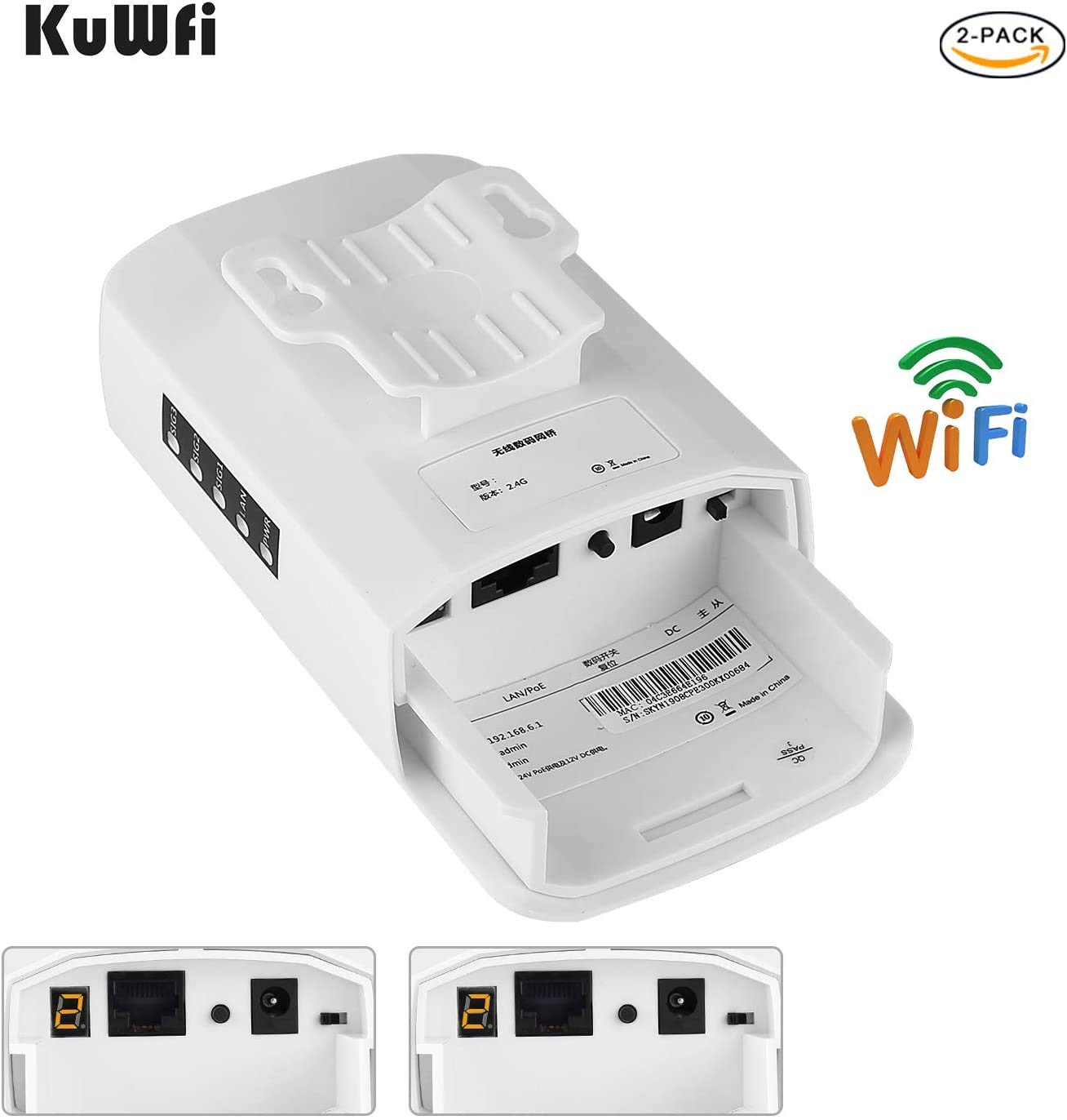 KuWFi Wireless WiFi Bridge Outdoor CPE Kit Point to Point 2.4G 300Mbps Waterproof Long Range WiFi Extender with Ethernet Port